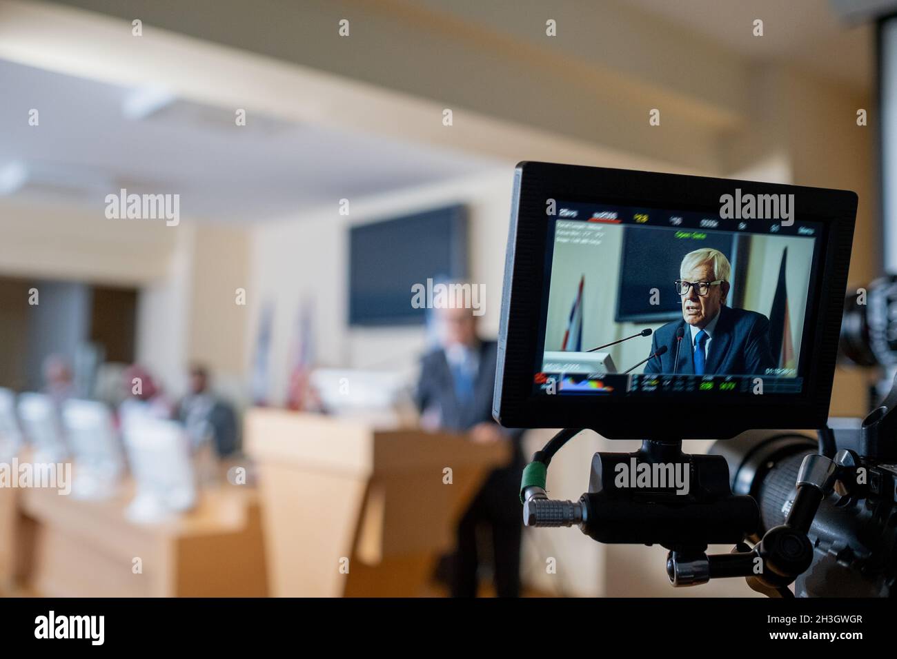 Focus on digital screen of videocamera recording political speech of ...