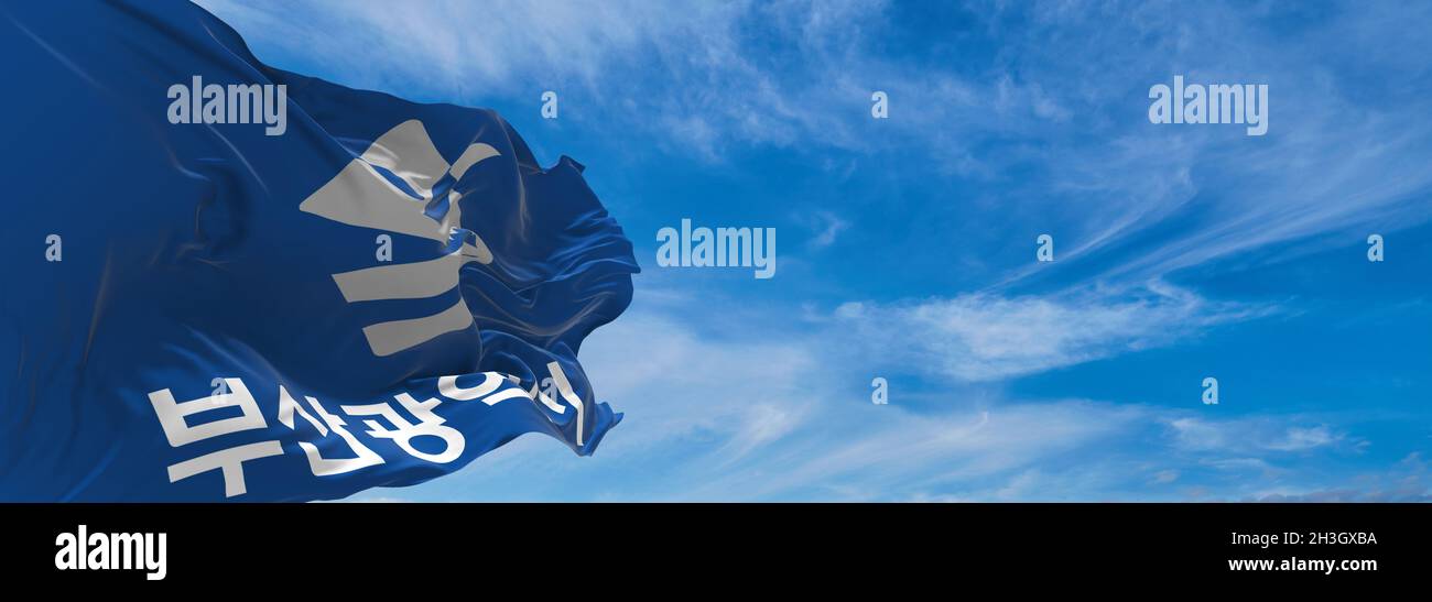 flag of Busan , South Korea at cloudy sky background on sunset ...