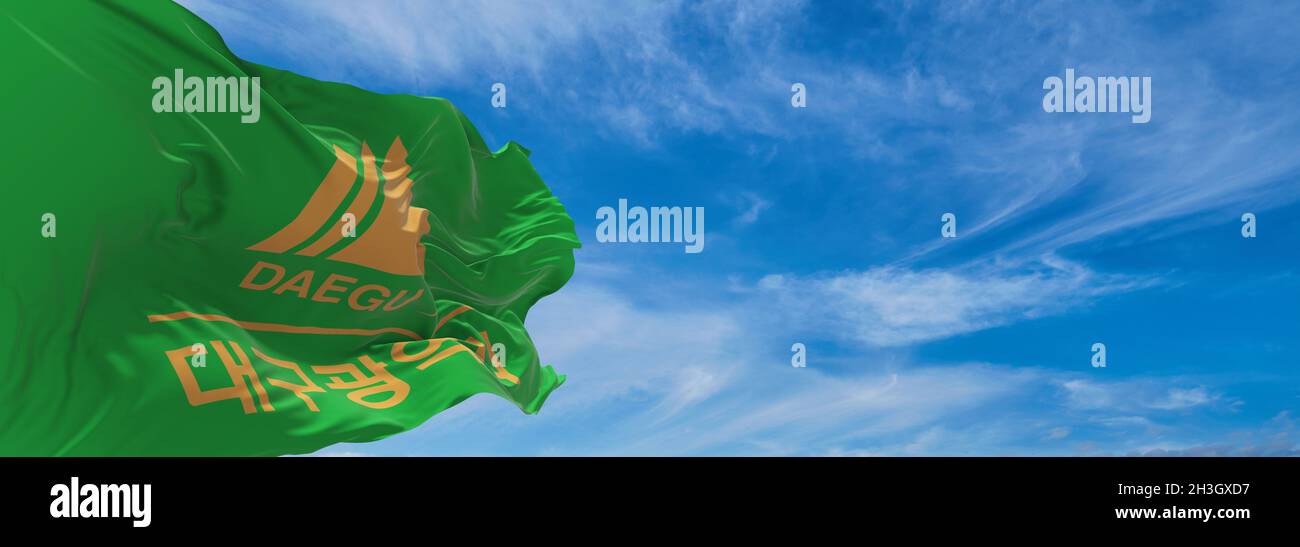 flag of Daegu , South Korea at cloudy sky background on sunset ...