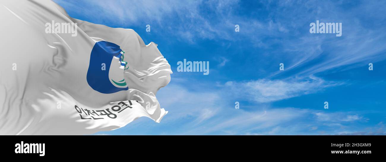 flag of Incheon , South Korea at cloudy sky background on sunset ...