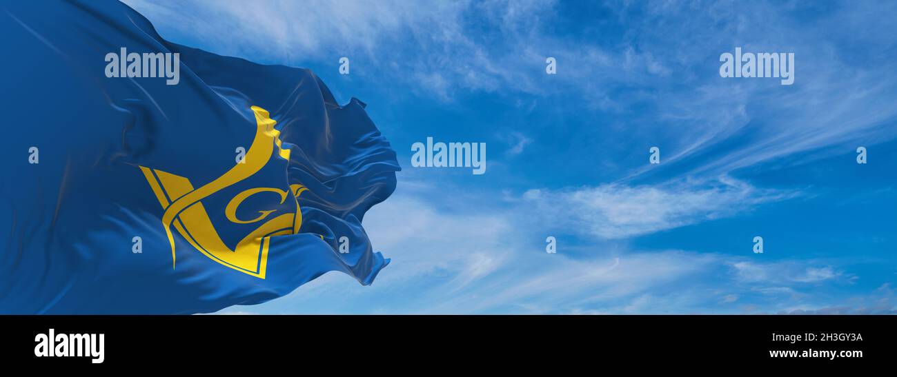 flag of masonic at cloudy sky background on sunset, panoramic view ...