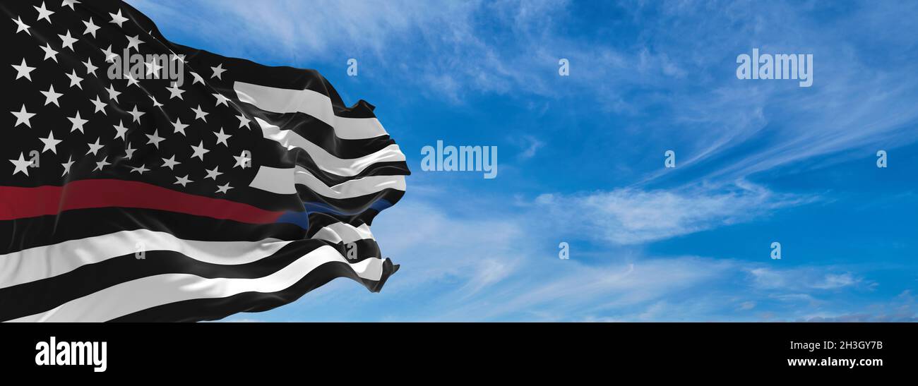 flag of Thin red and blue Line USA Flag at cloudy sky background on ...