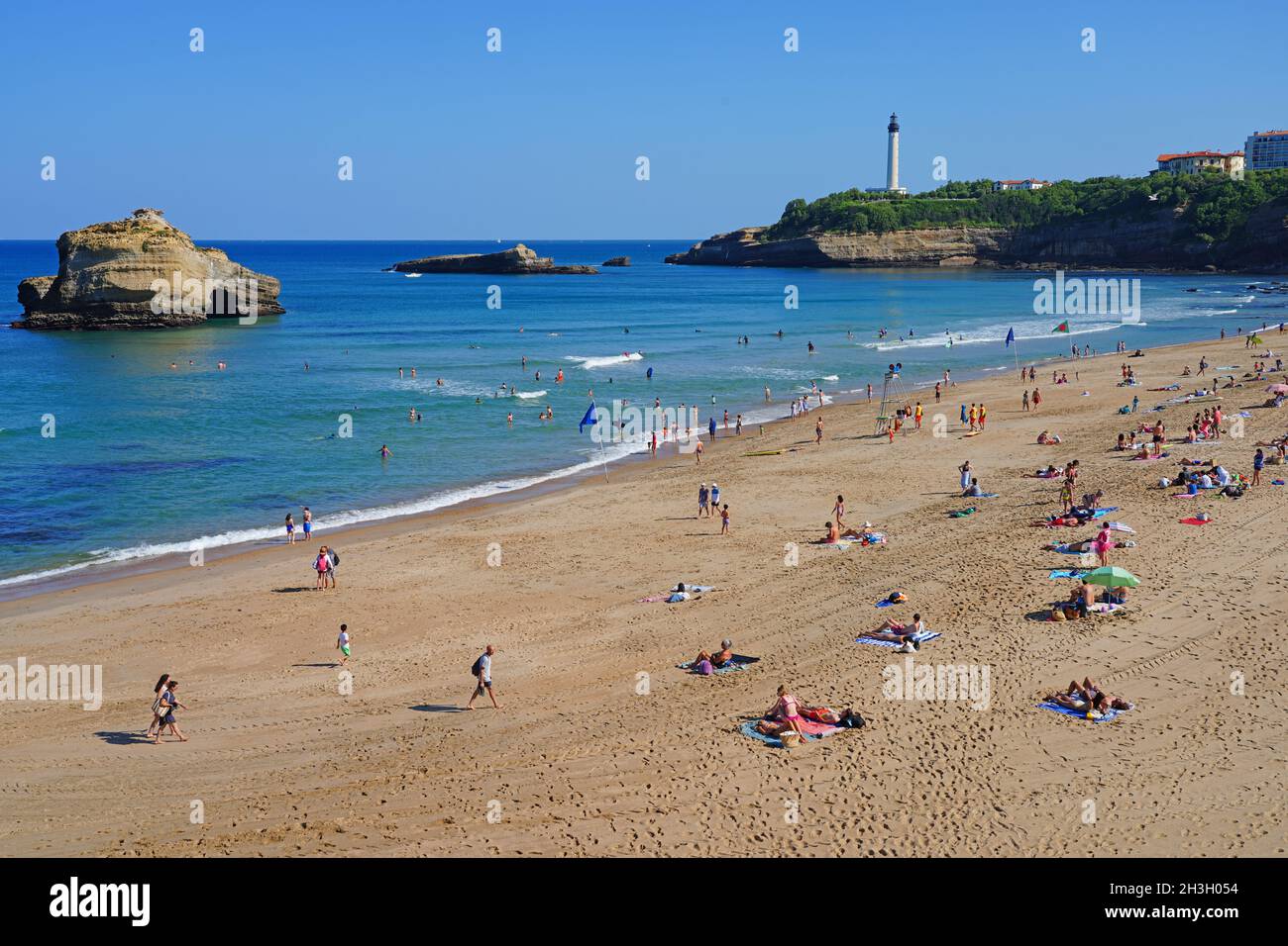 BIARRITZ, FRANCE -20 AUG 2021- Day view of La Grande Plage beach in the ...