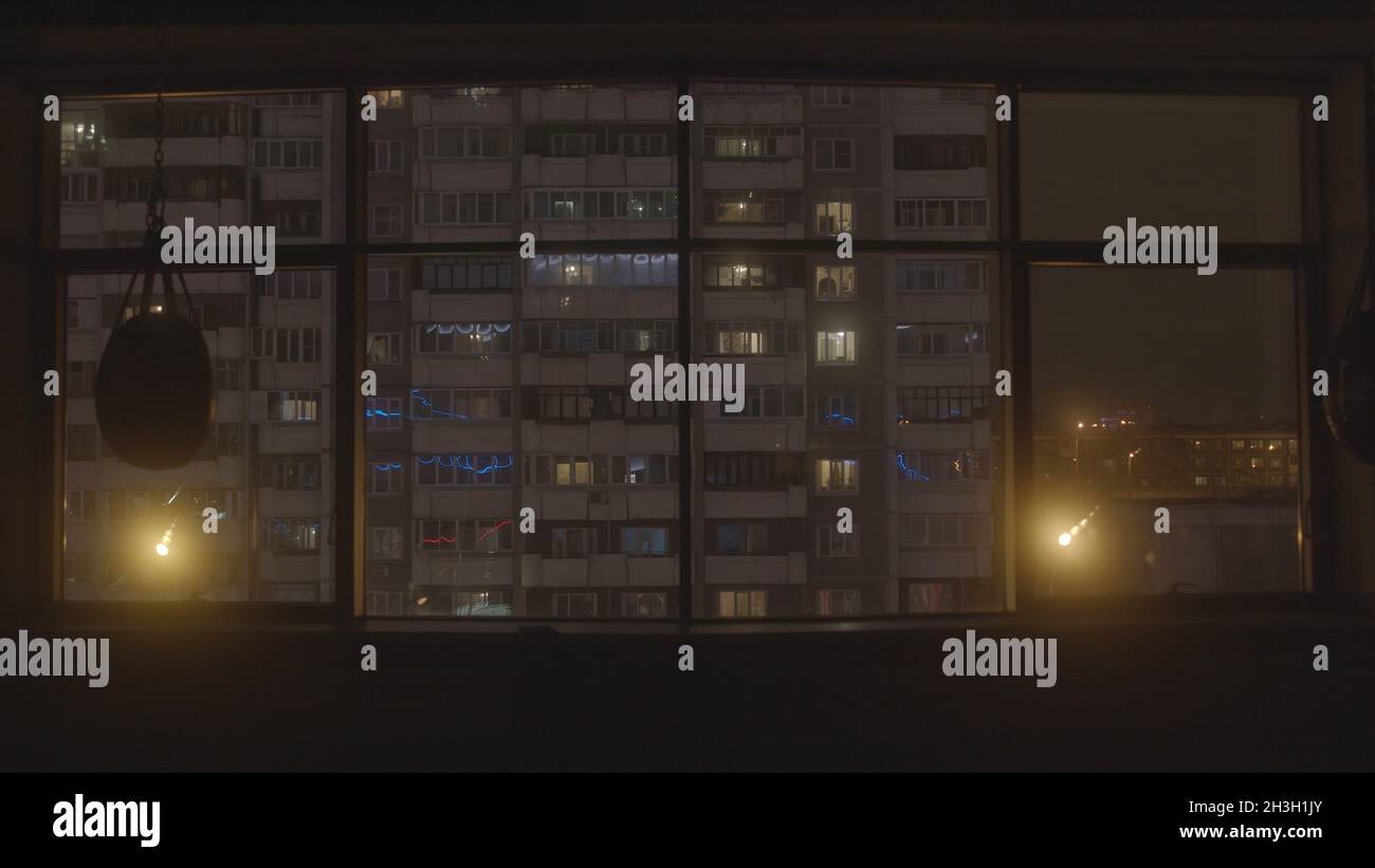 View from window of old house with Windows at night. Stock footage ...