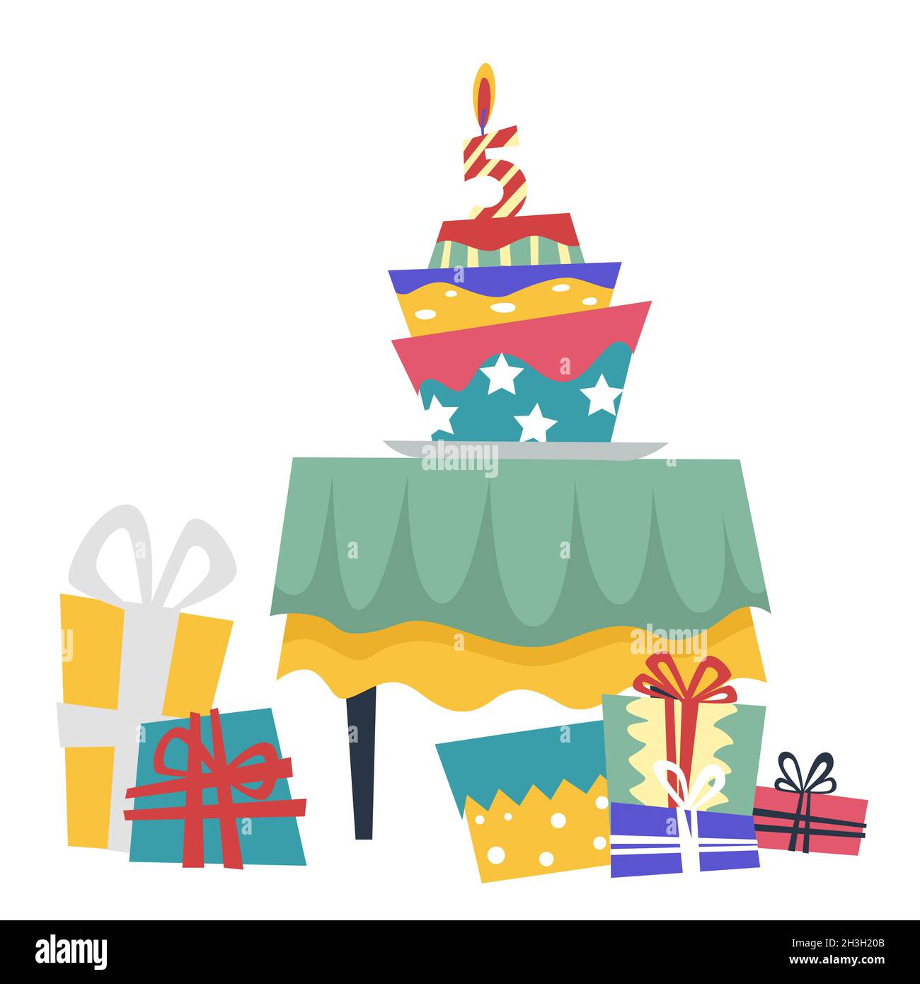 Birthday party table with cake and gift boxes celebration Stock Vector ...