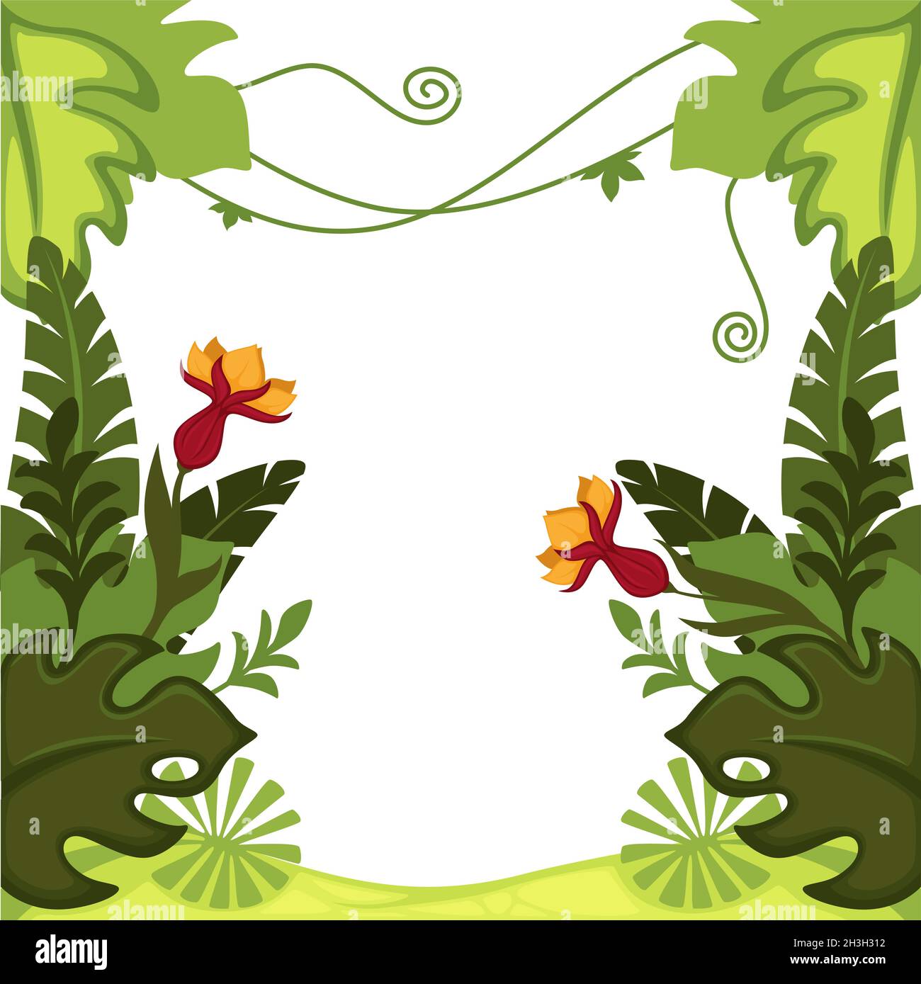 Rainforest plants jungle leaves and flowers frame palm trees Stock ...