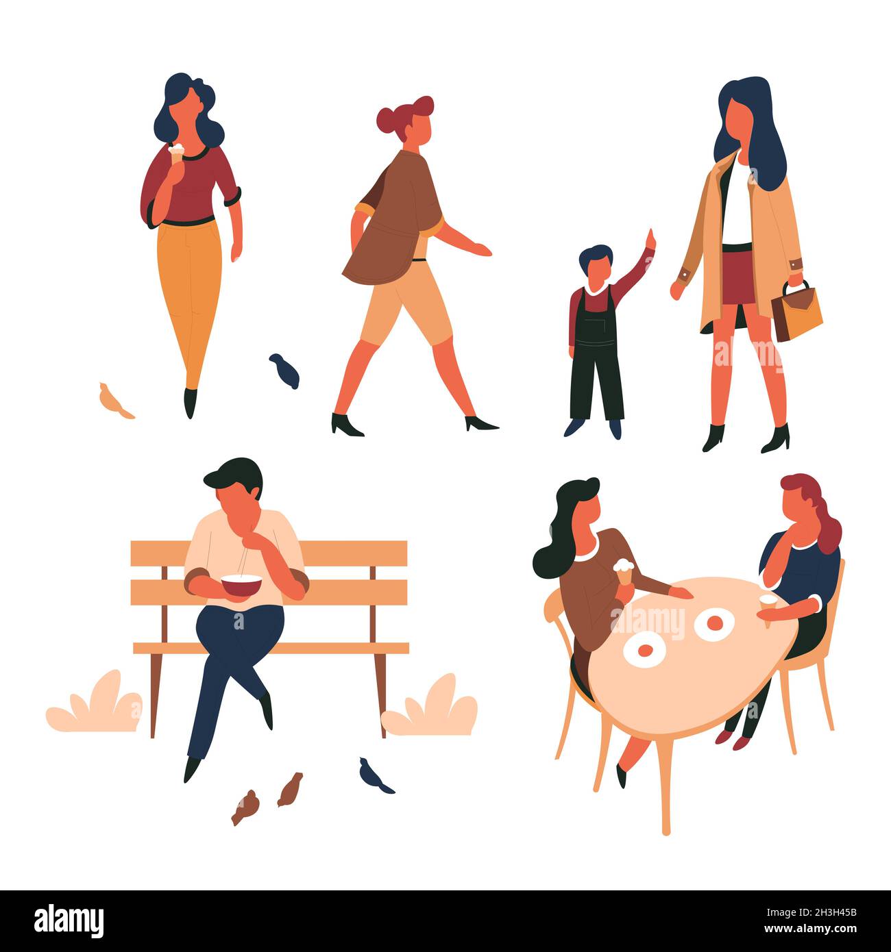 People outdoor isolated characters walking and eating at cafe or on ...