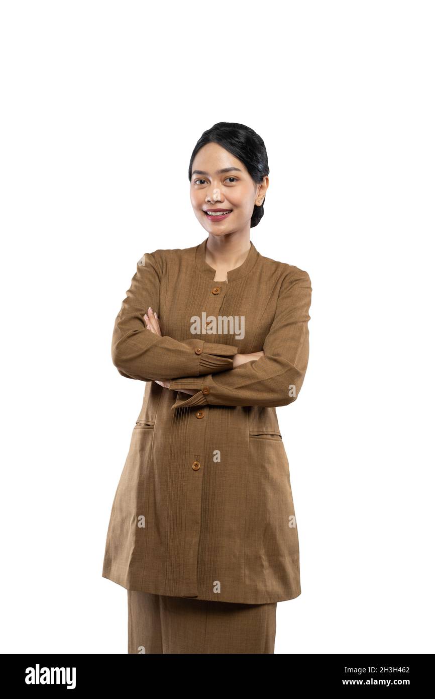 Beautiful civil servant woman smiling wearing uniform while standing ...