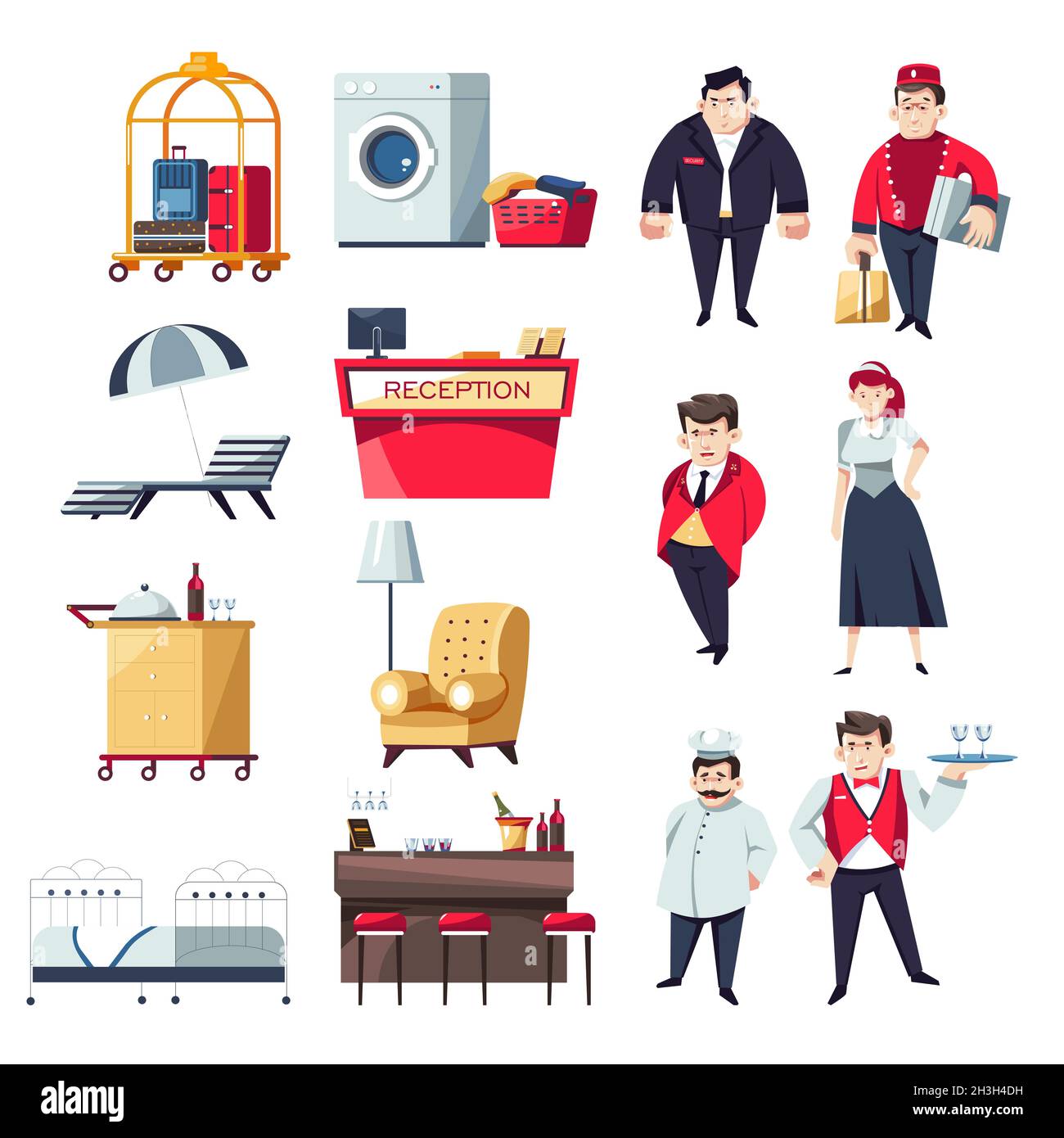 Hotel staff and furniture restaurant and rooms isolated objects and ...