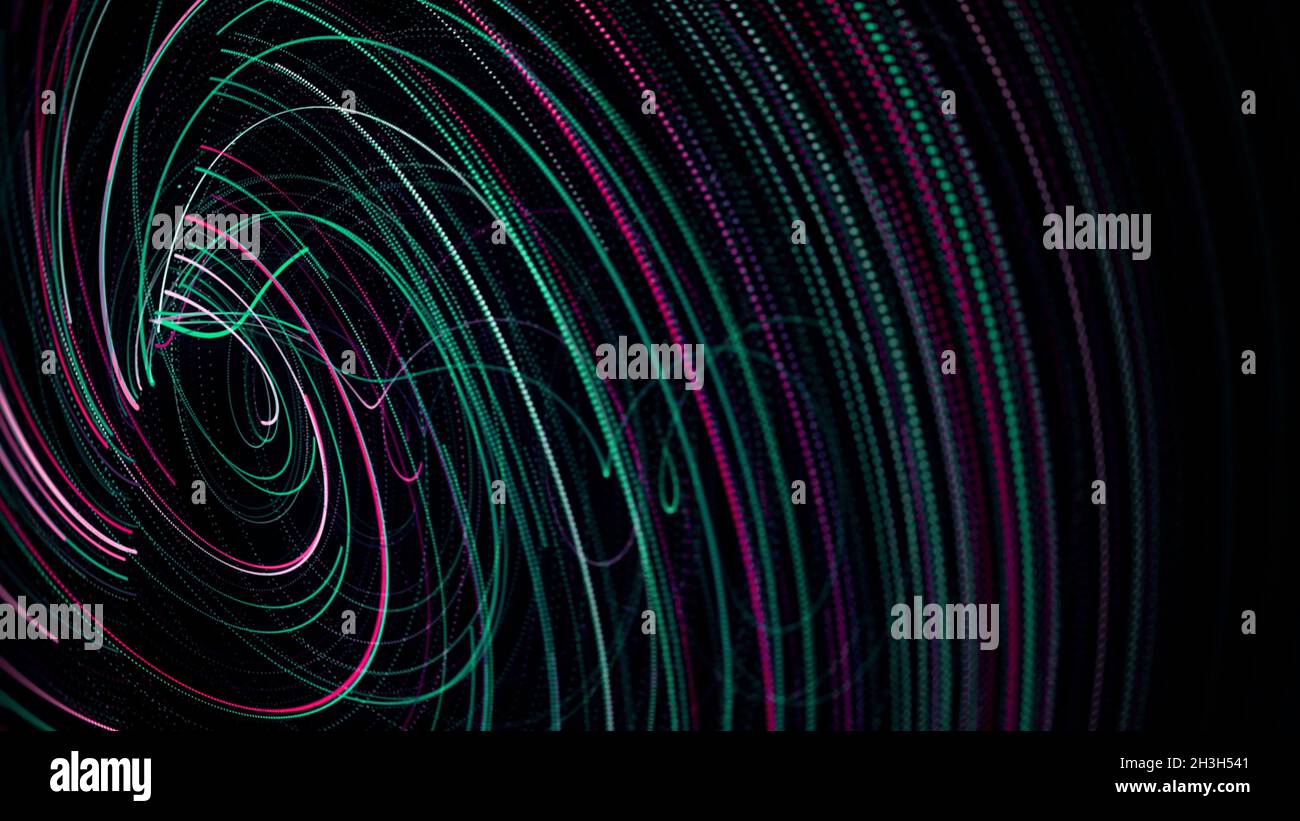 Neon lines swirling in swirl on black background. Animation. Effect of ...