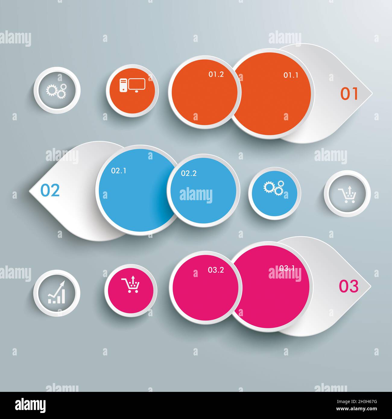 Three Colored Drops Batched Circles Infographic PiAd Stock Photo - Alamy