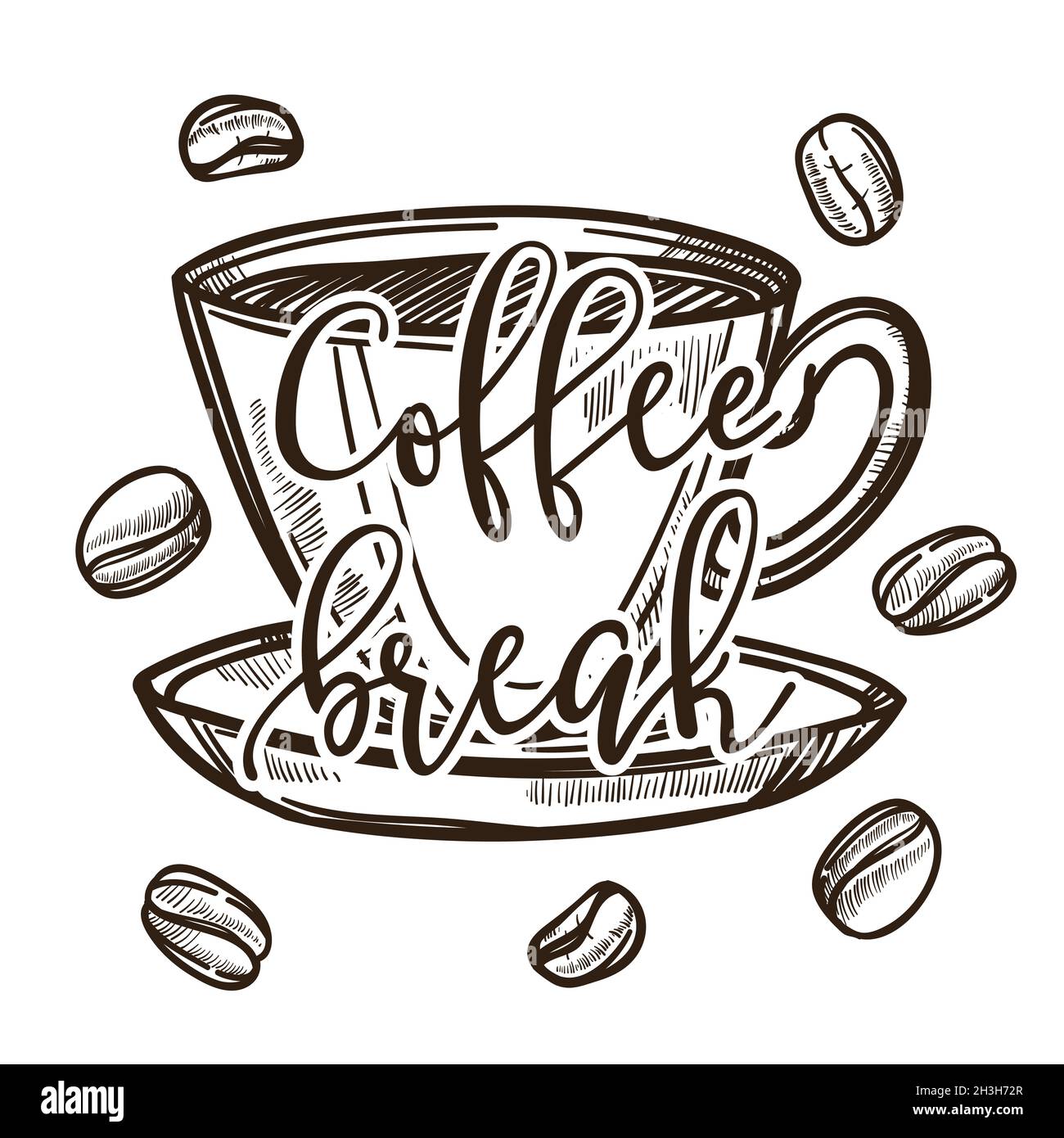 Coffee break cup and saucer beans cafe or bar isolated sketch Stock ...