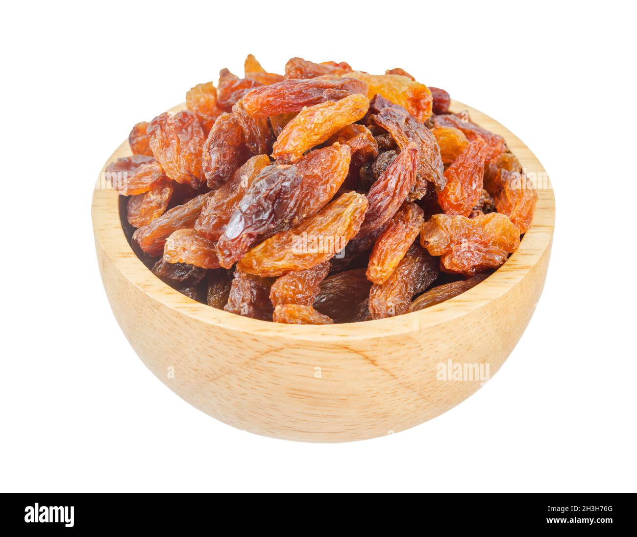 Golden dried raisins in wooden bowl isolated on white background, Save ...