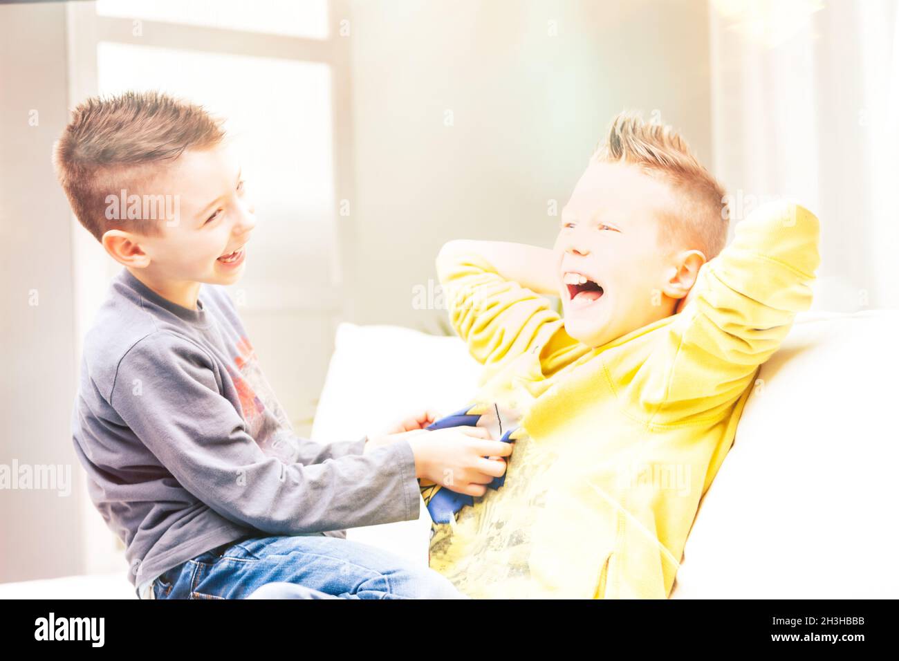 Two laughing young brothers tickling each other on a sofa as they relax ...
