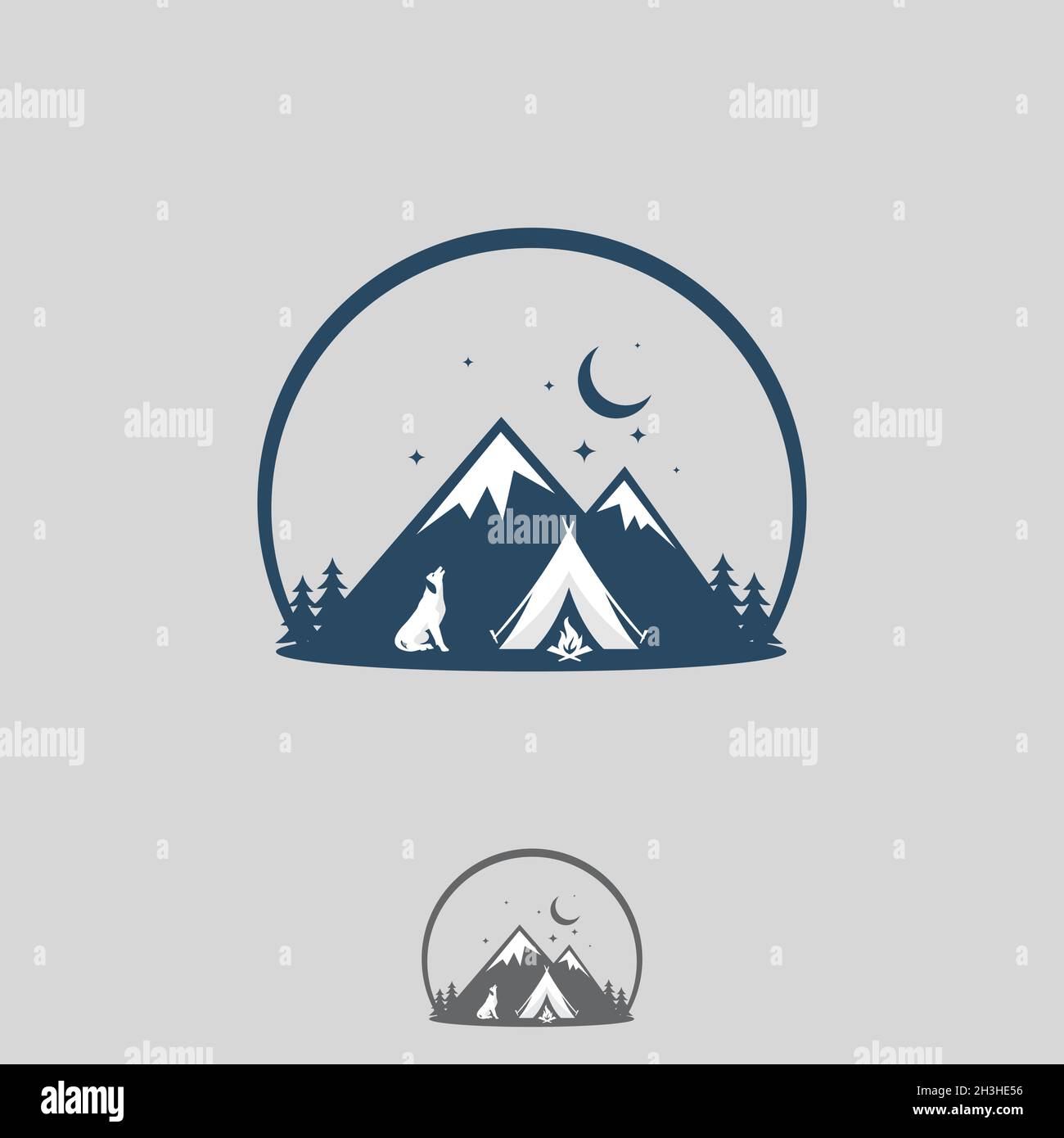 Illustration design night camp emblem design with mountain landscape ...