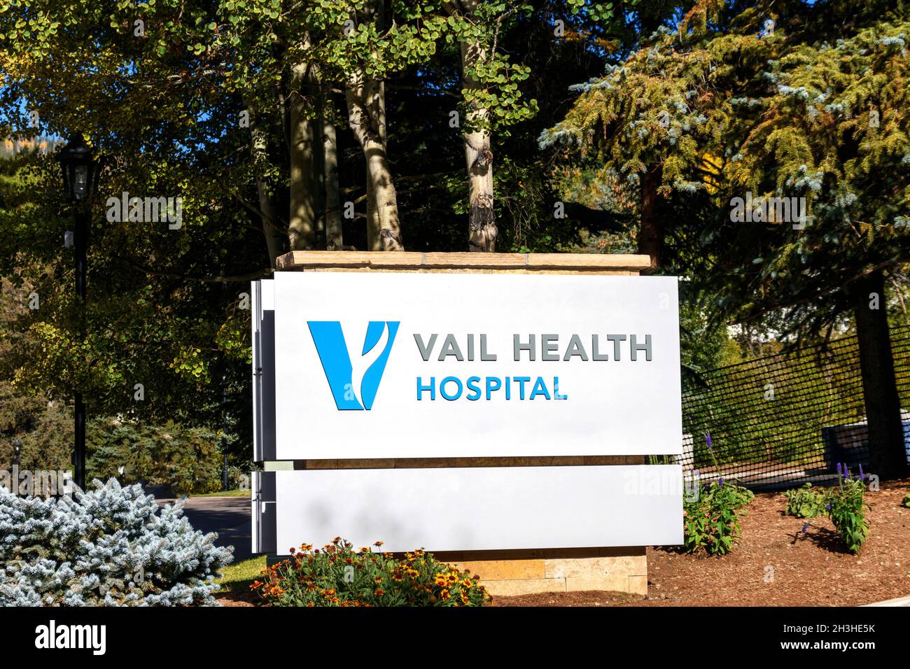 Vail Health Hospital sign, logo in signpost at a regional hospital ...