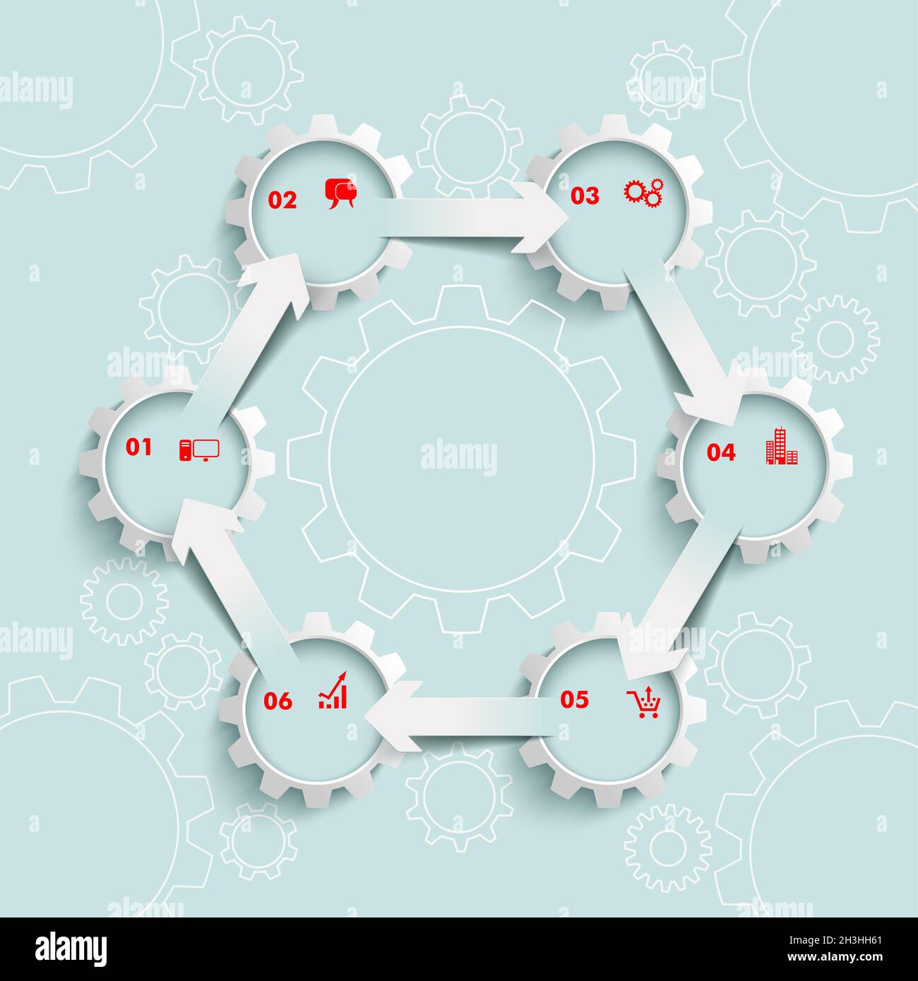 6 White Gears 6 Arrows Cycle Hexagon PiAd Stock Photo - Alamy