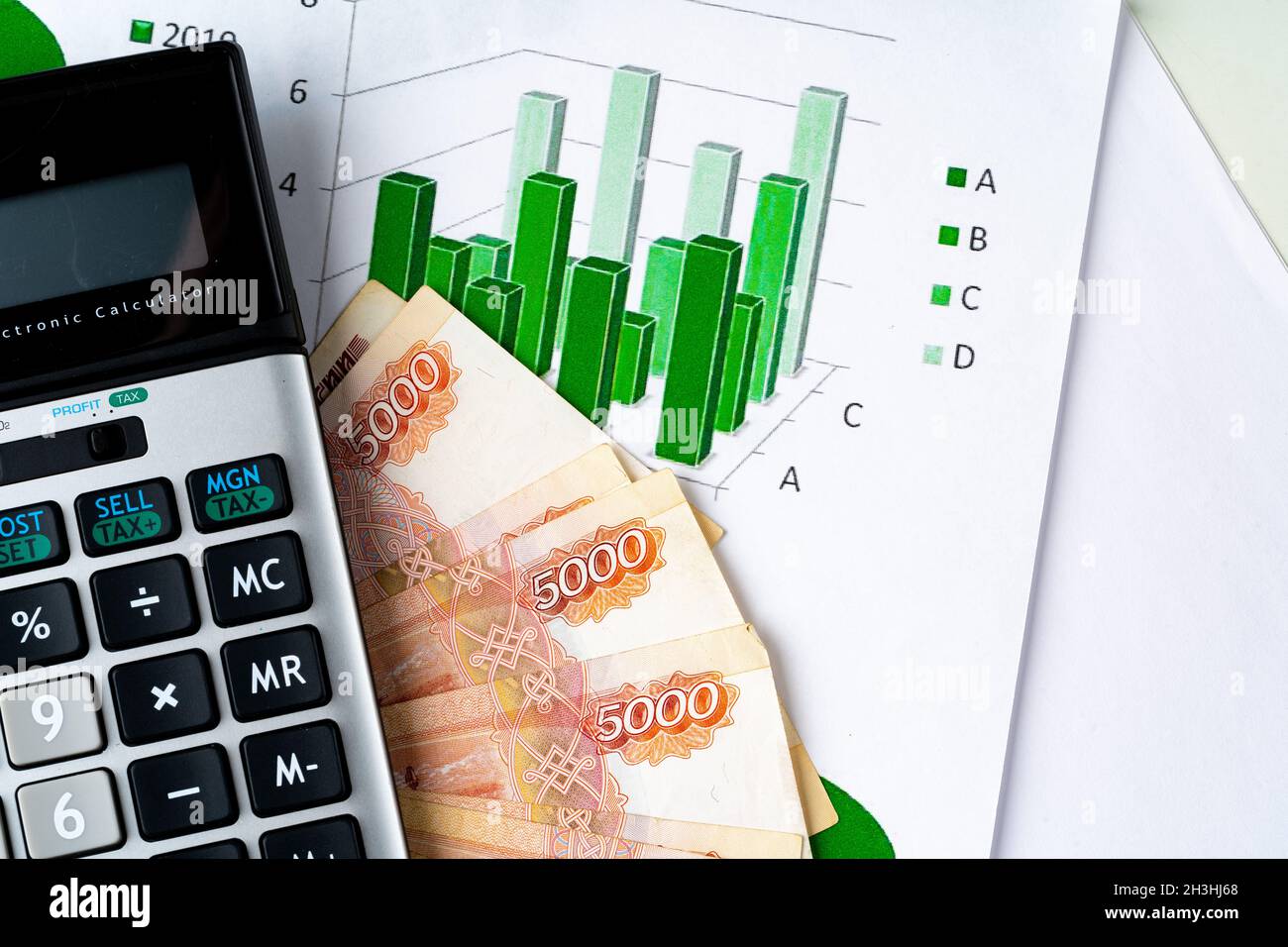 Financial chart with Russian rubles money stack with calculator ...