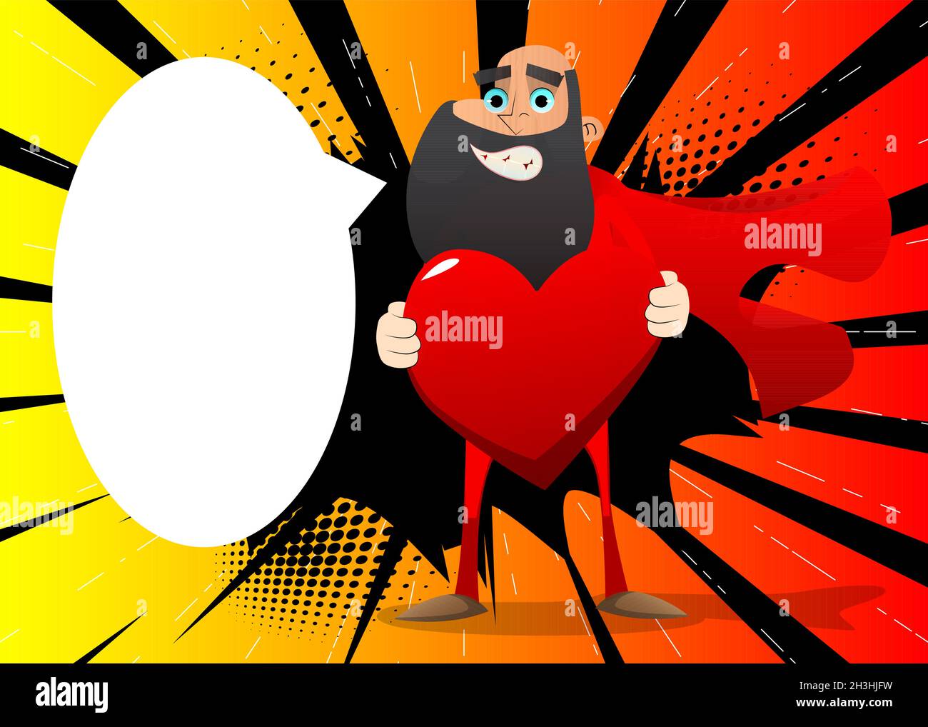 Funny cartoon man dressed as a superhero hugging big red heart. Vector ...