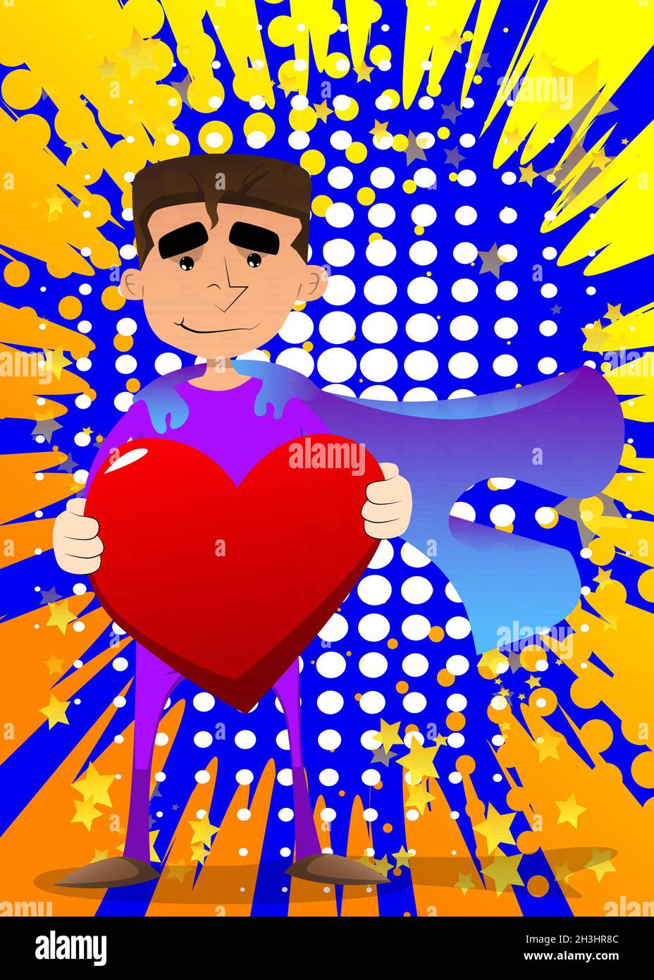 Funny cartoon man dressed as a superhero hugging big red heart. Vector ...