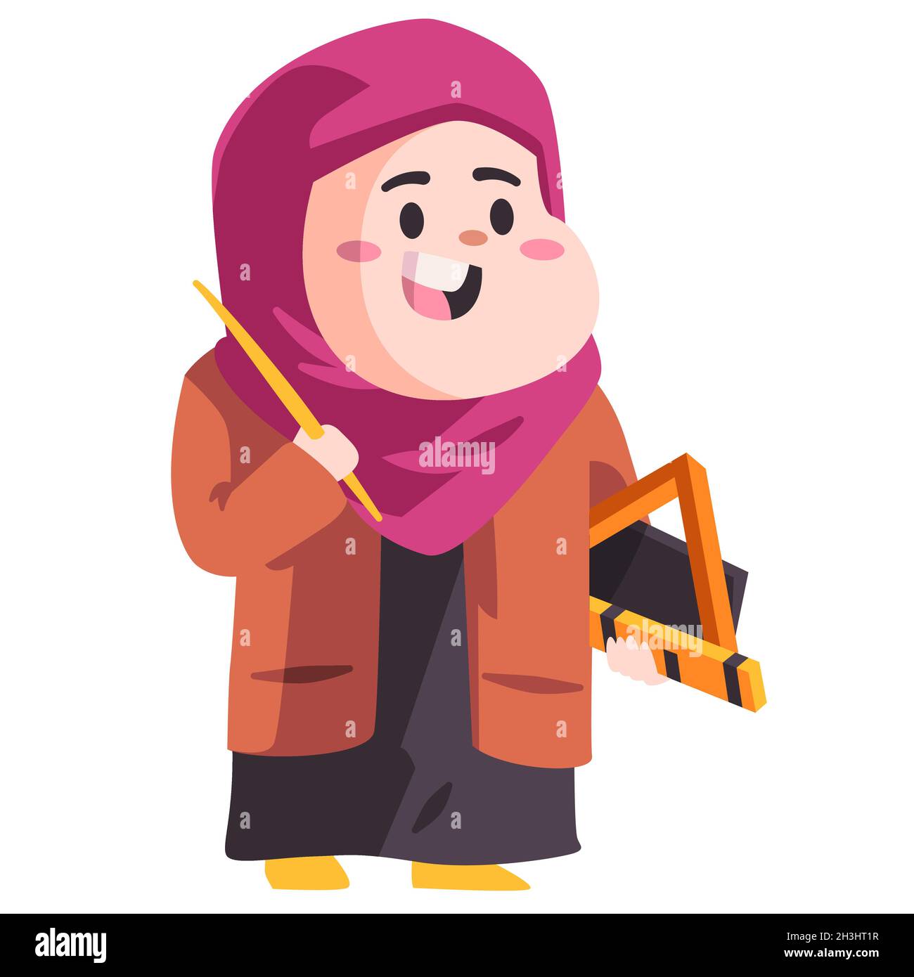 moslem woman teacher with pink hijab holding school utensils modern ...