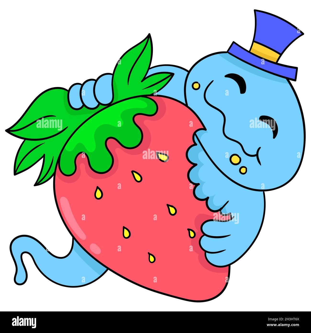 a cute creature hugging a strawberry chewing voraciously Stock Vector ...