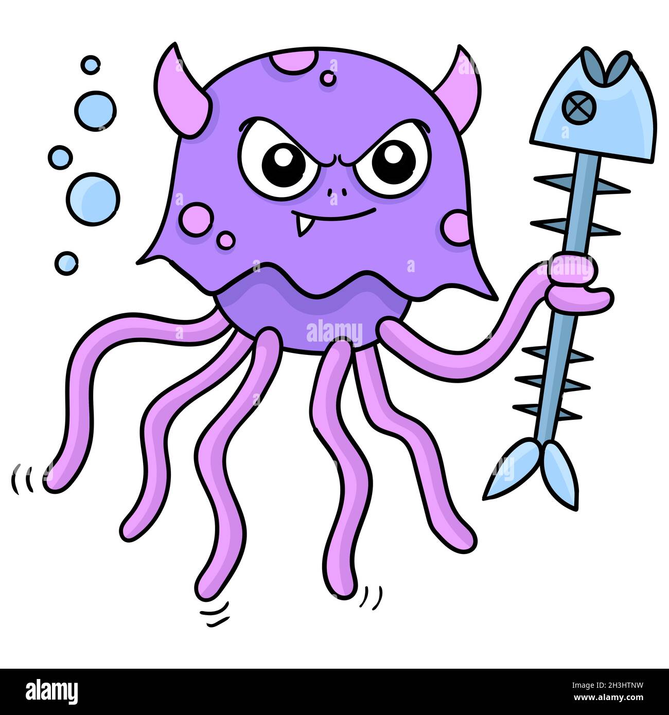 an angry evil faced jellyfish is holding a spiked fish bone stick ...