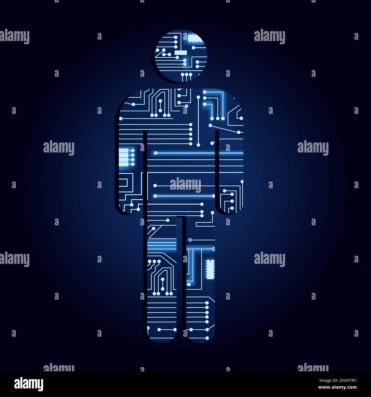 Man symbol with a technological electronics circuit. Blue background ...