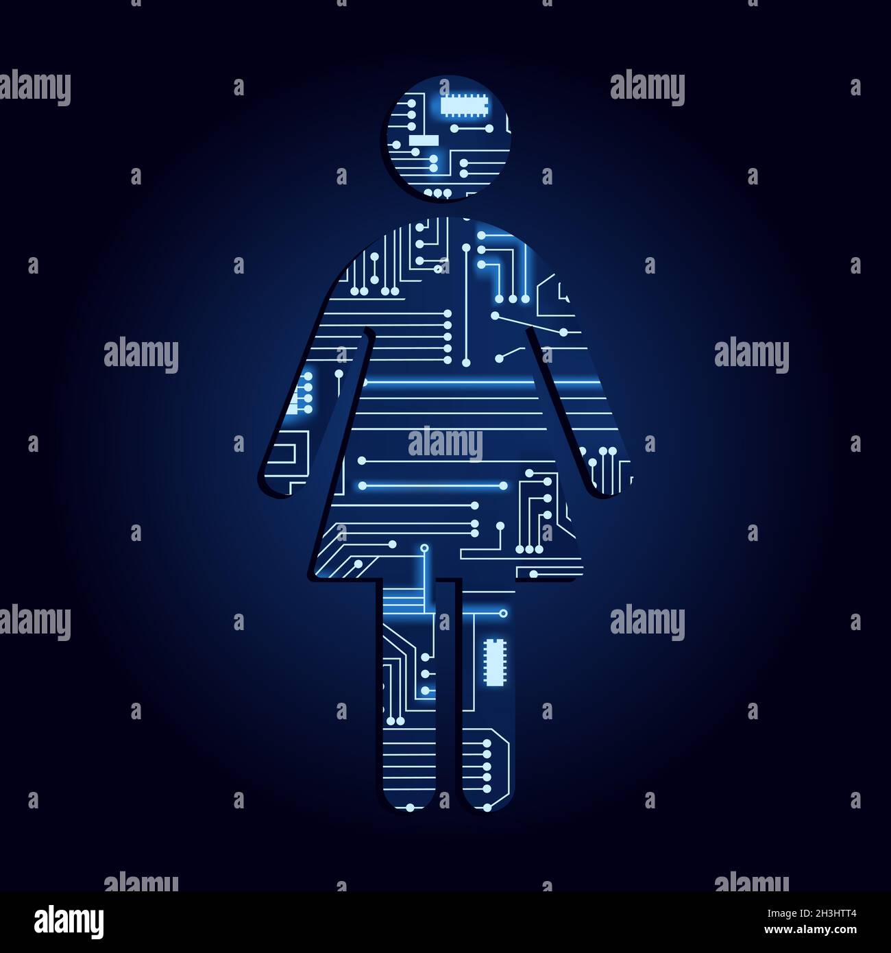 Female symbol with a technological electronics circuit. Blue background ...