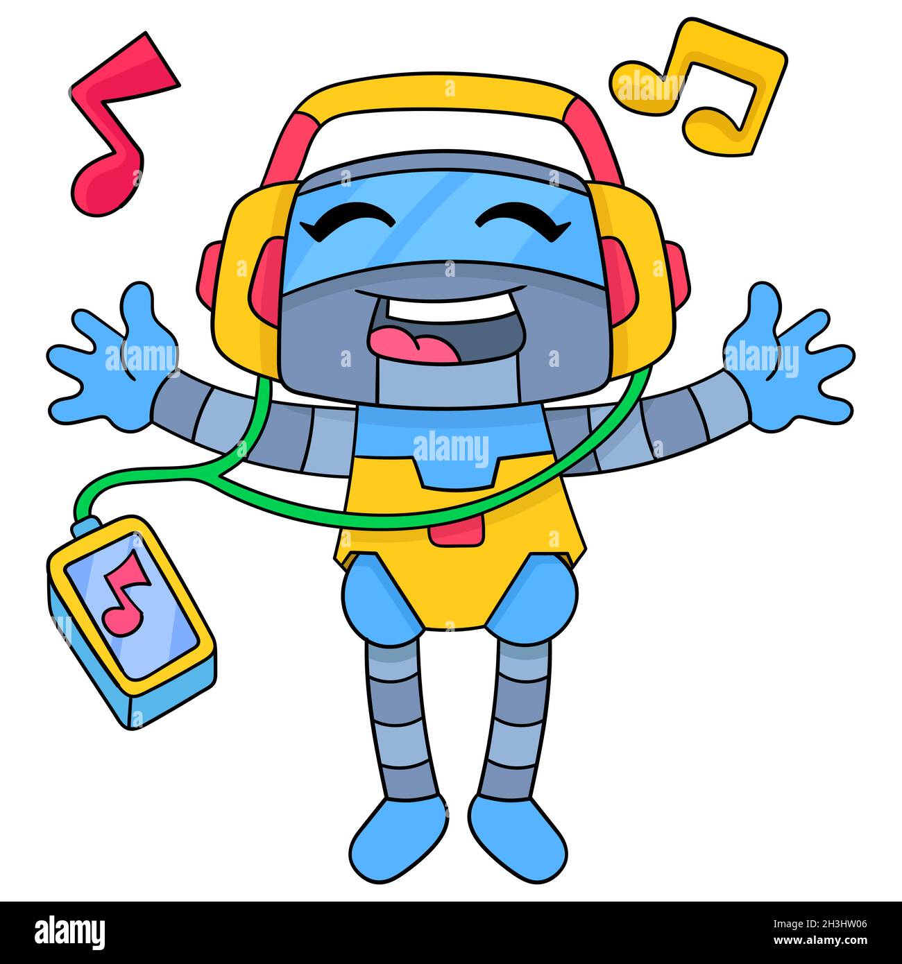 the robot is happily wearing headphones listening to music from a ...