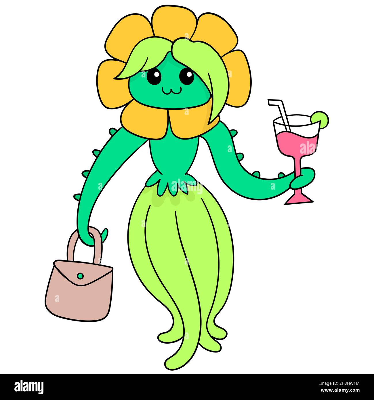cute plant creatures are walking with groceries and a glass of juice ...