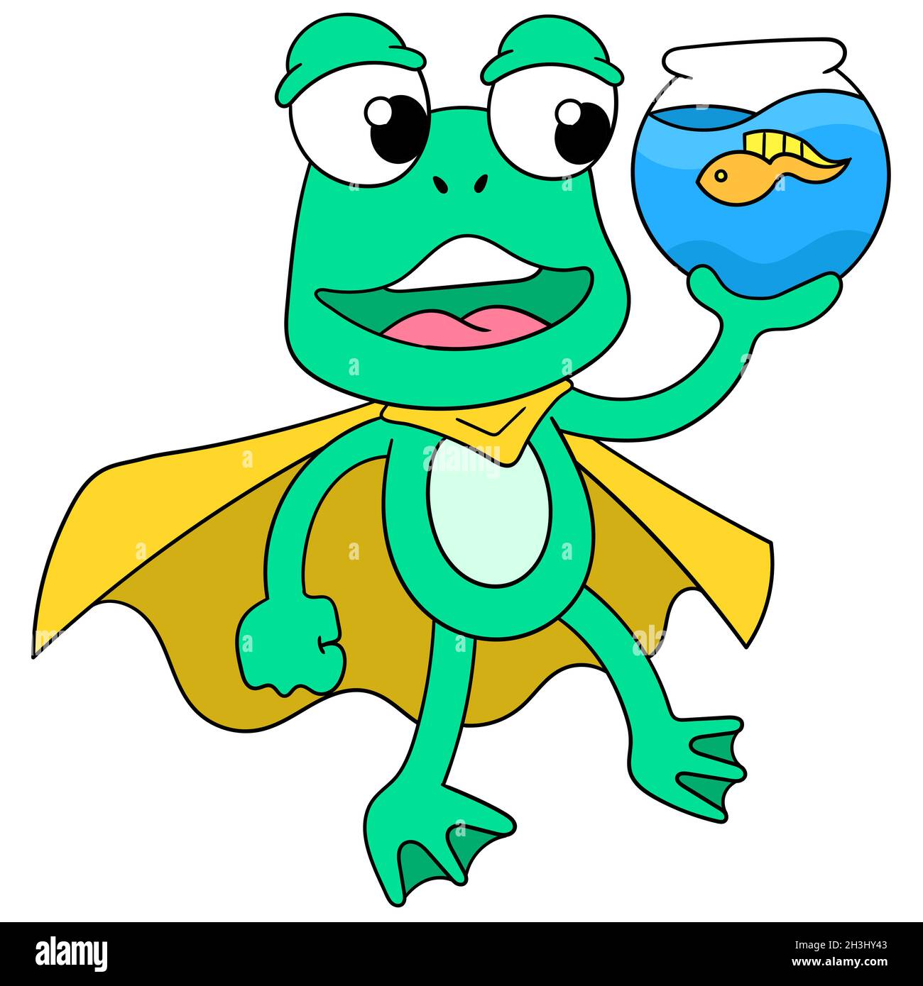 green frogs are happily taking care of a pet tadpole in the aquarium ...