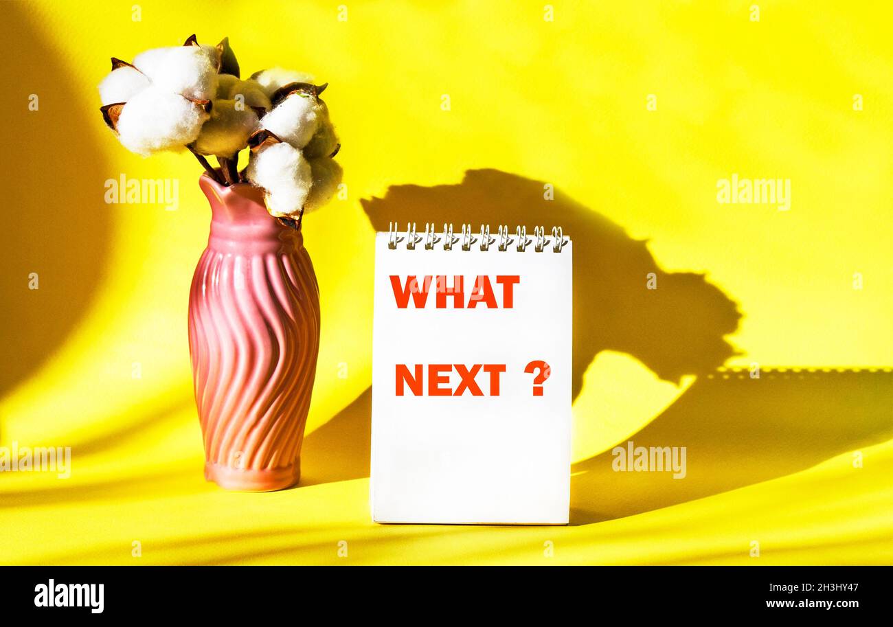 Text what is next concept on yellow background, next to a bouquet of ...
