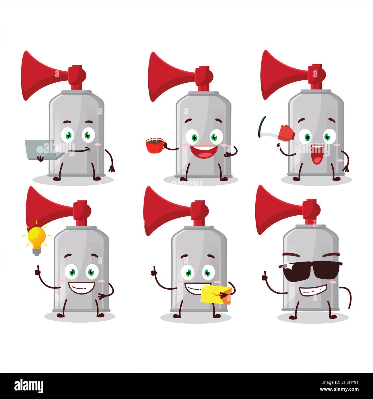 Air horn cartoon character with various types of business emoticons ...