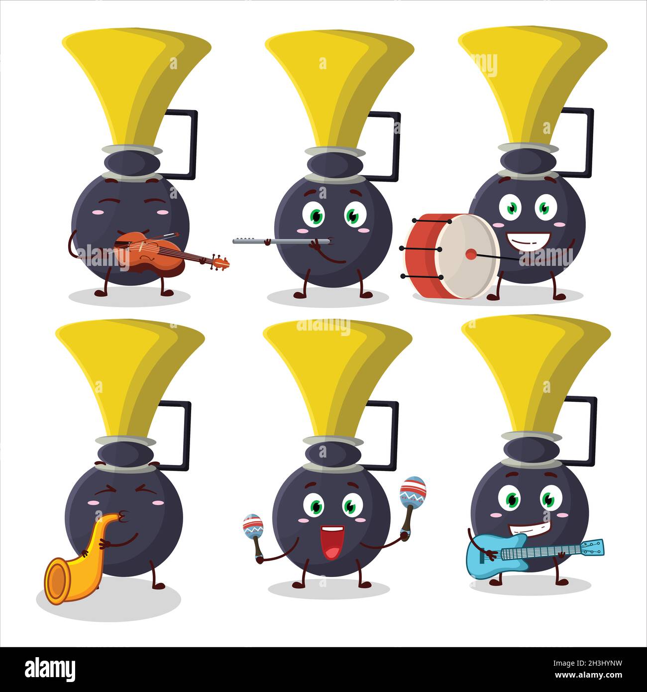 Cartoon character of bicycle air horn playing some musical instruments ...