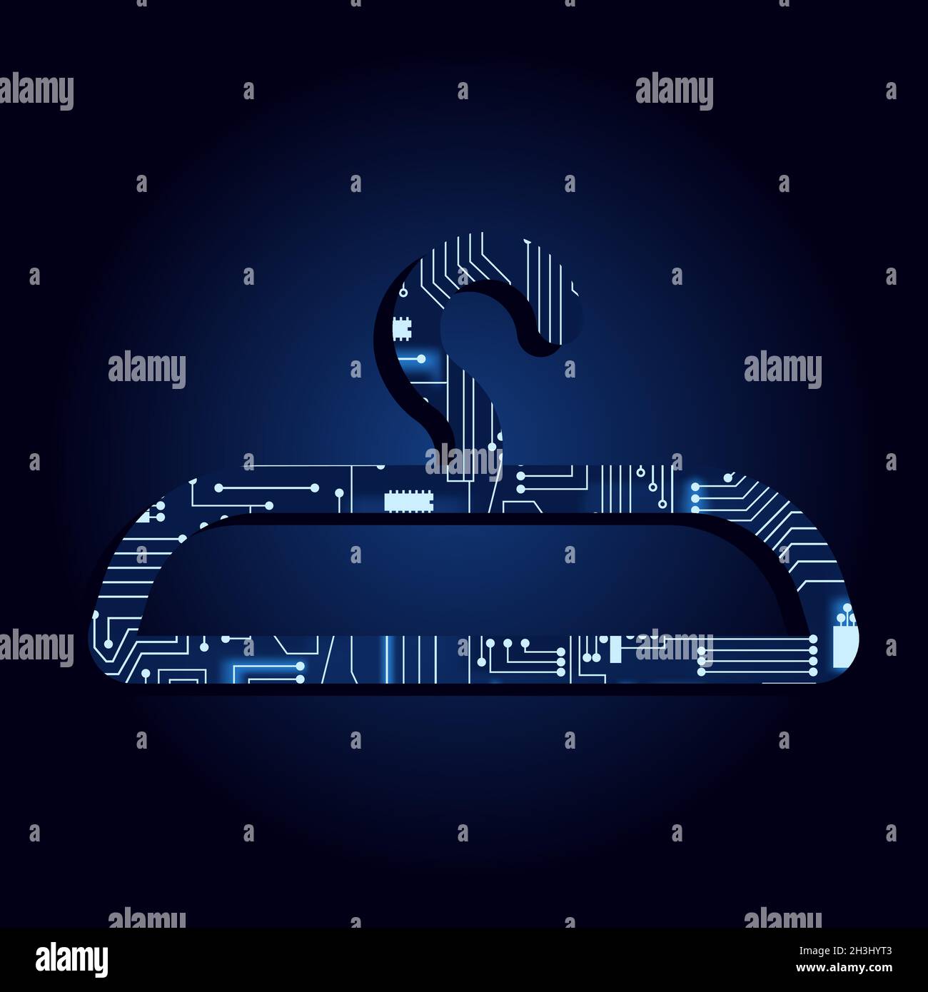 Clothes hanger symbol with a technological electronics circuit. Blue ...