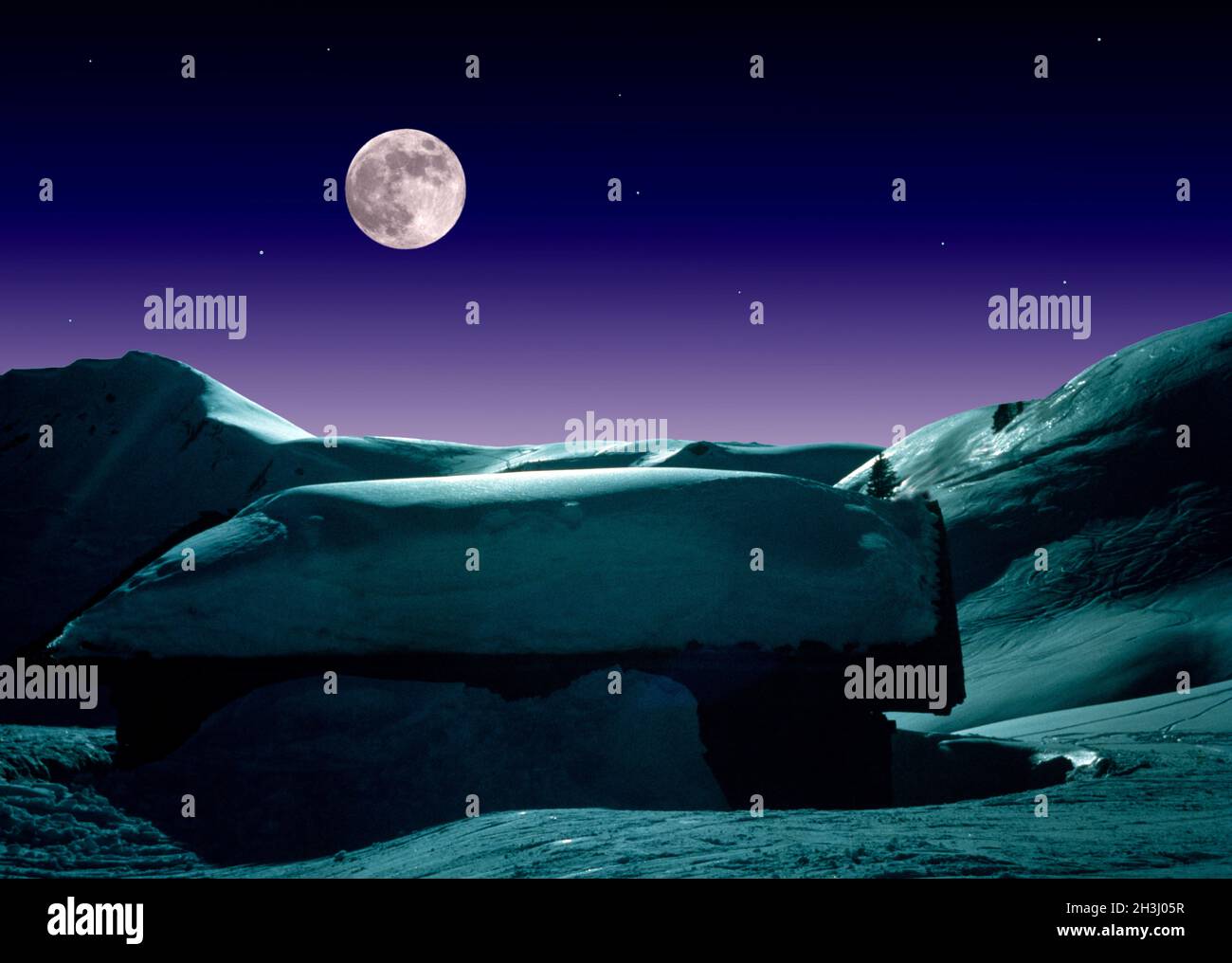 Full moon; mountain hut, landscape Stock Photo - Alamy