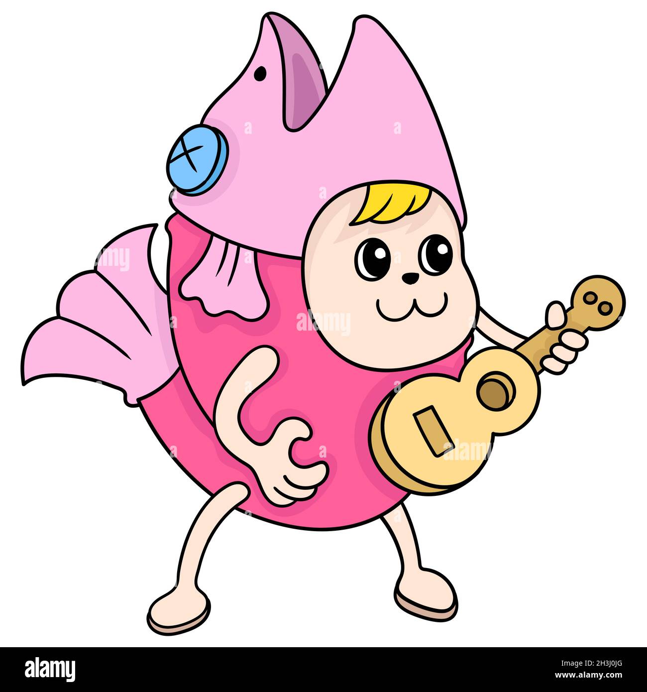 a man in a fish costume carries a ukulele guitar playing music Stock ...