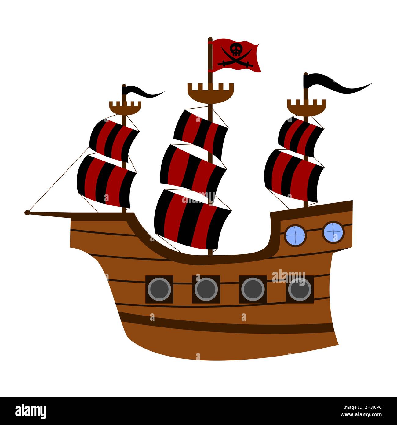 pirate ship with sails and pirate flag, vector isolated on white ...