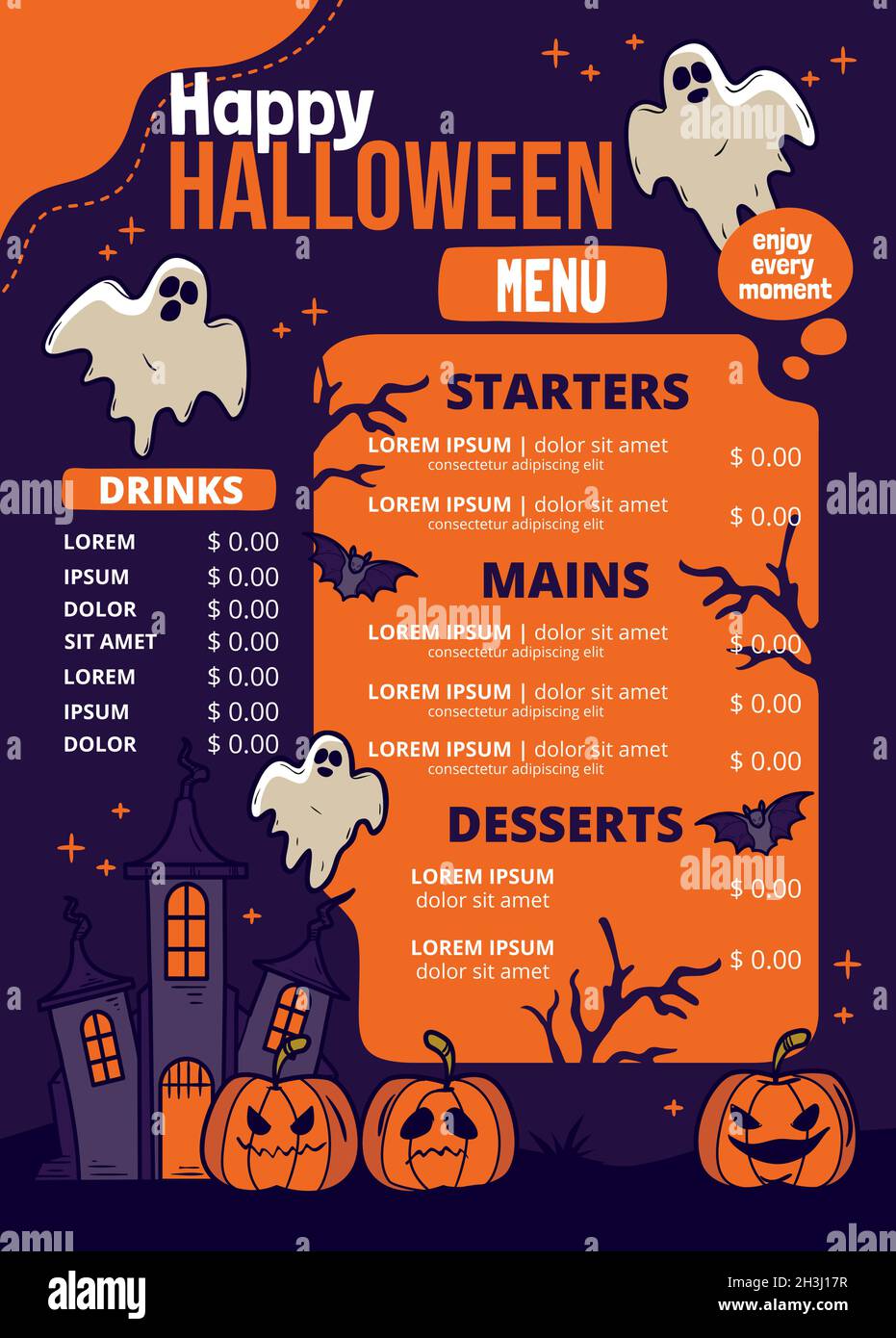 hand drawn halloween menu template vector design illustration Stock ...
