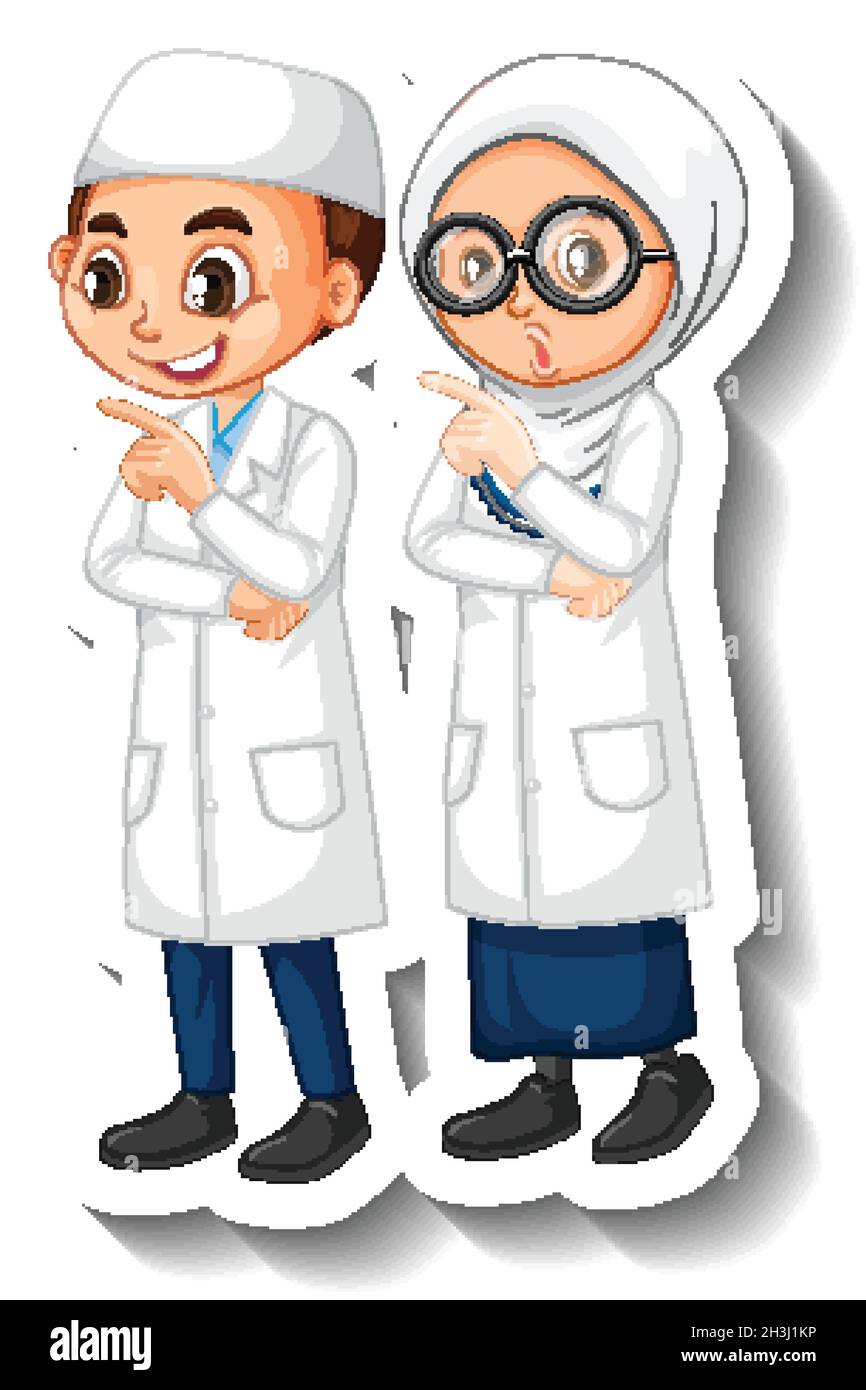 Scientist muslim couple kids cartoon character sticker illustration ...