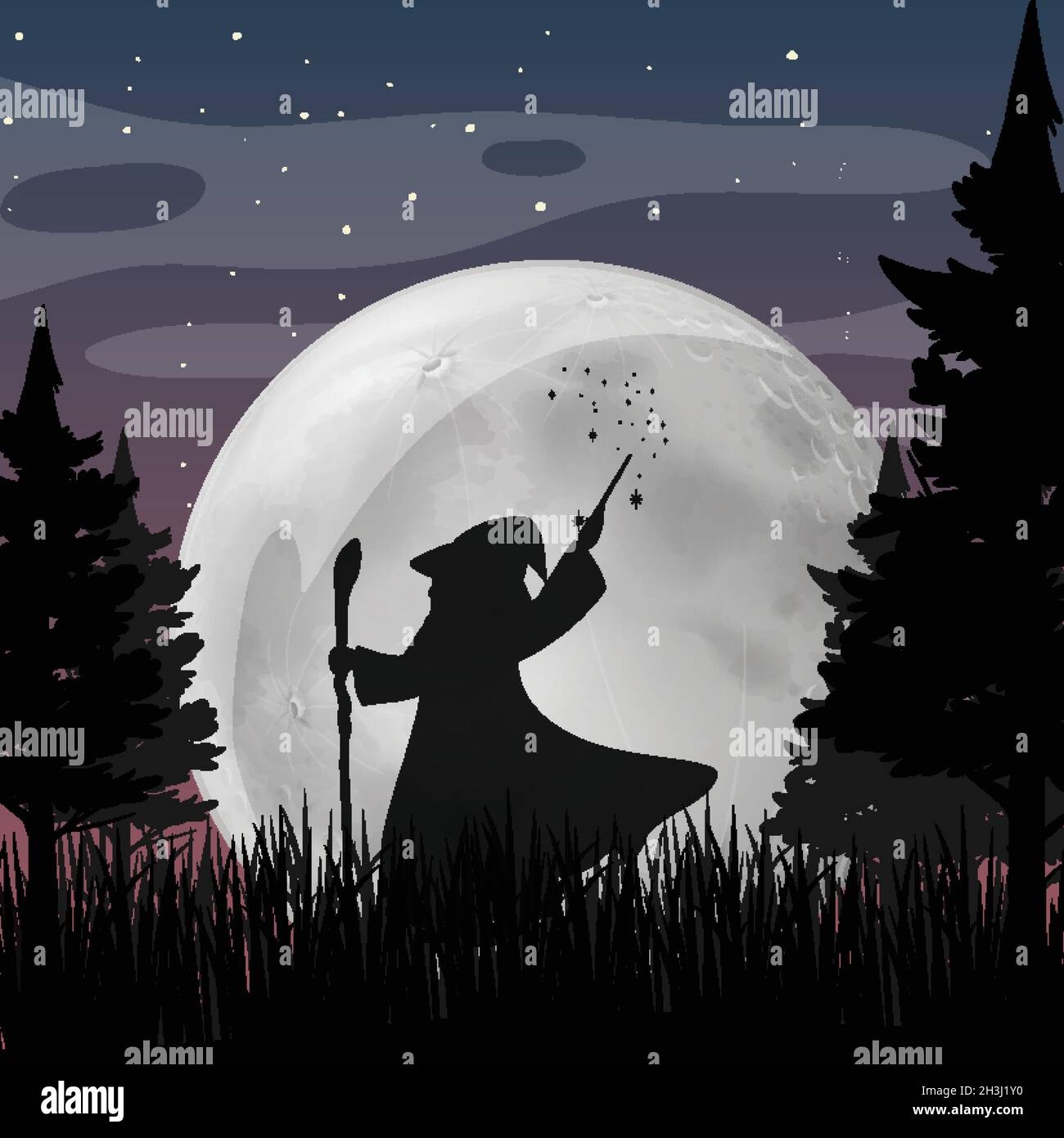 Halloween night background with wizard silhouette illustration Stock ...