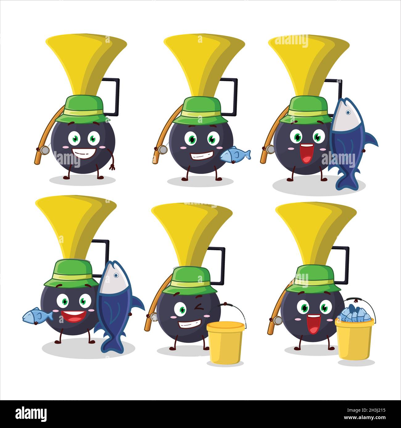 A fisherman bicycle air horn cartoon picture catch a big fish. Vector ...