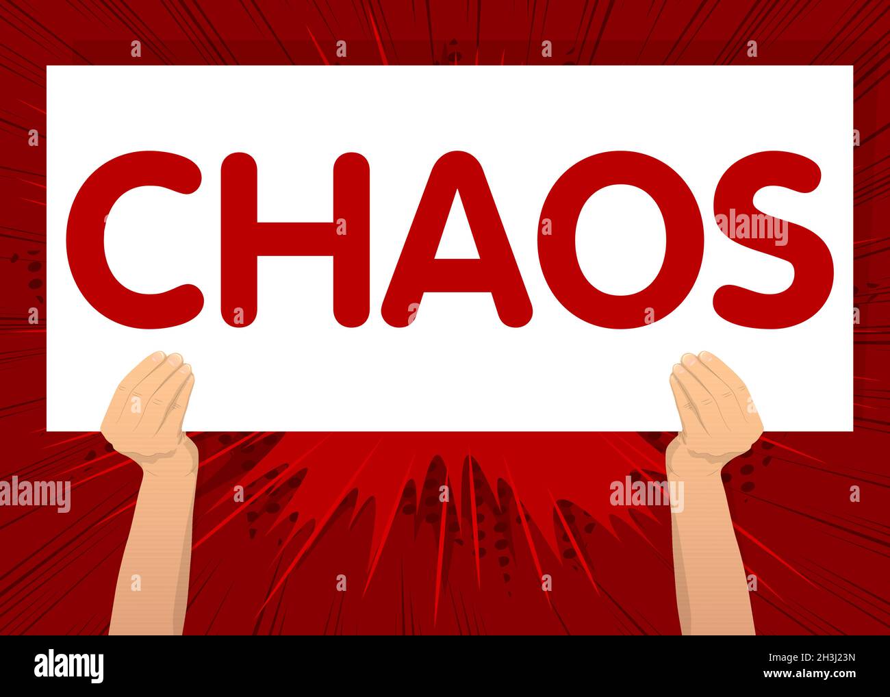 Hand holding banner with Chaos text on white paper. Man showing ...
