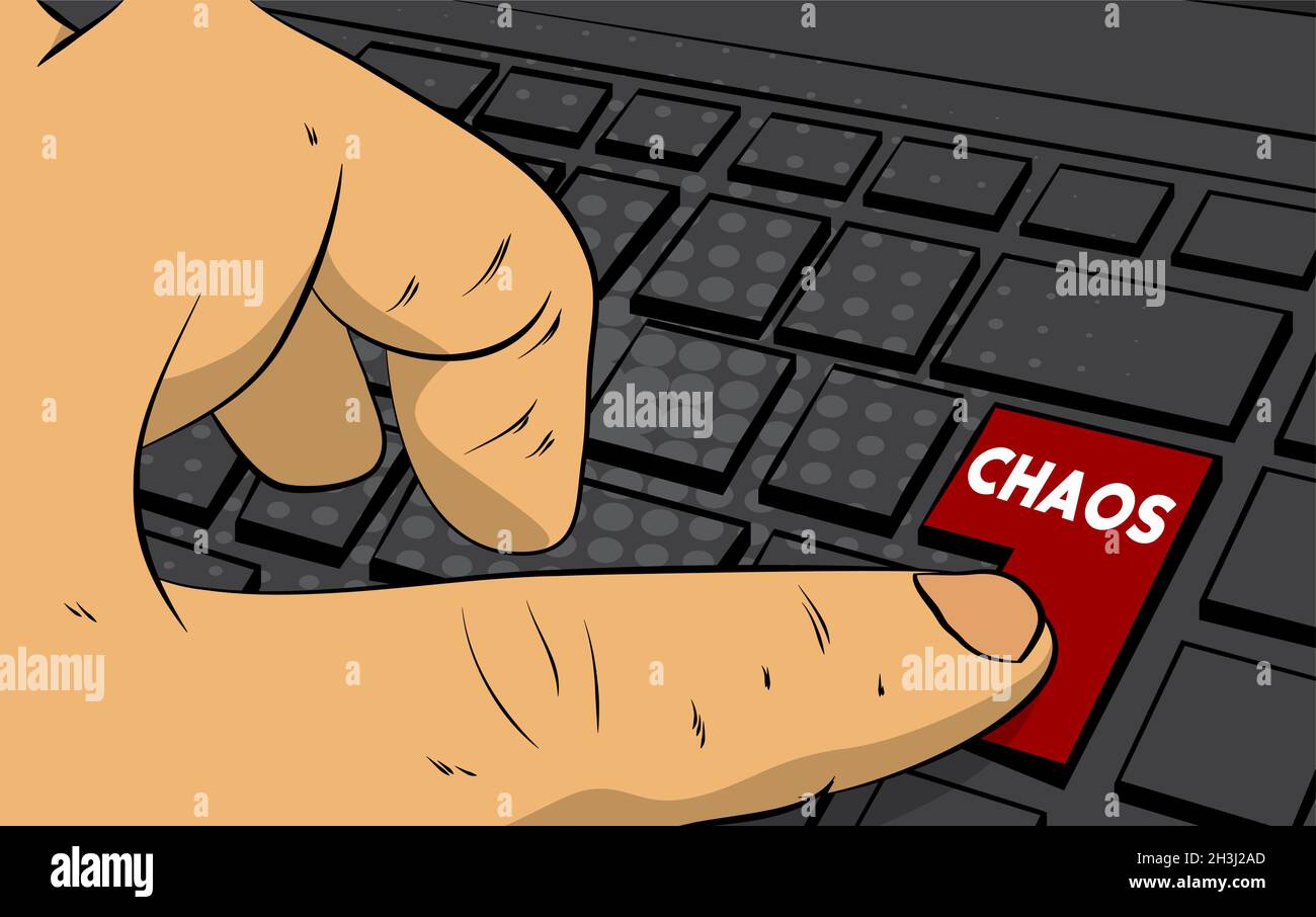 Chaos word on computer keyboard. Man push keypad on laptop. Comic book ...