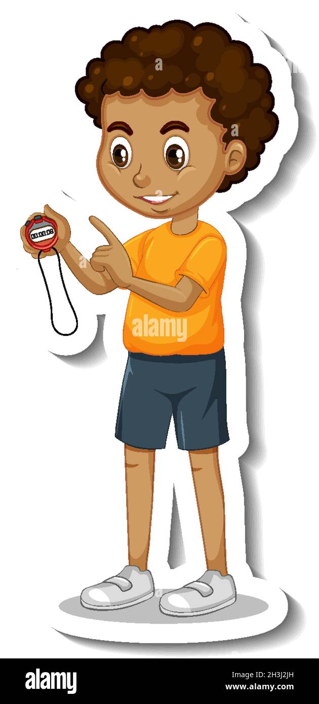 A boy holding a timer cartoon character sticker illustration Stock ...