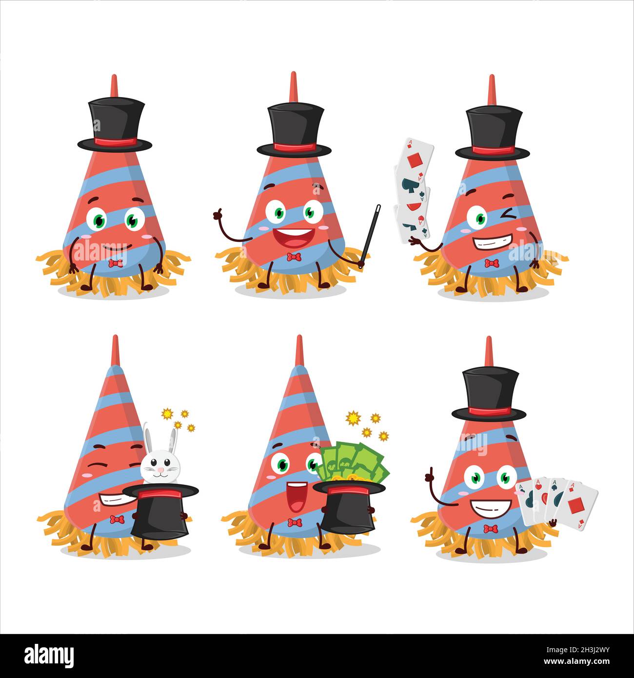 A confetti trumpet Magician cartoon character perform on a stage ...