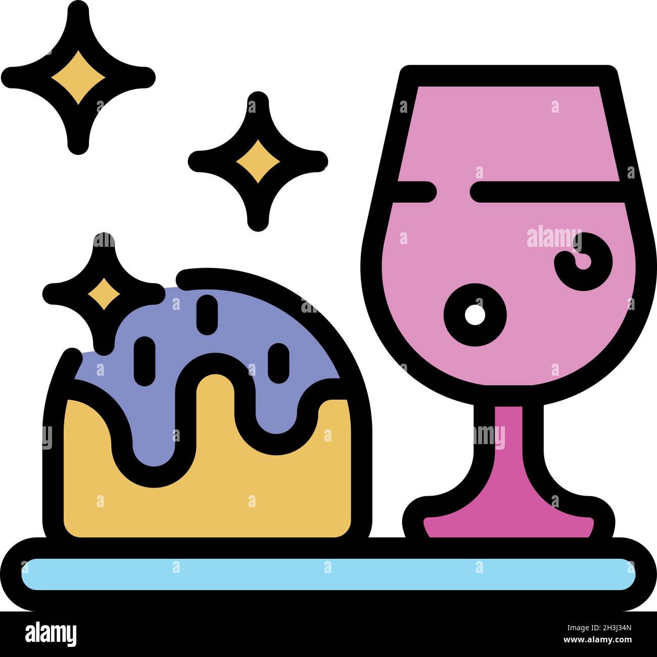 Glass with drink and cake icon. Outline glass with drink and cake ...