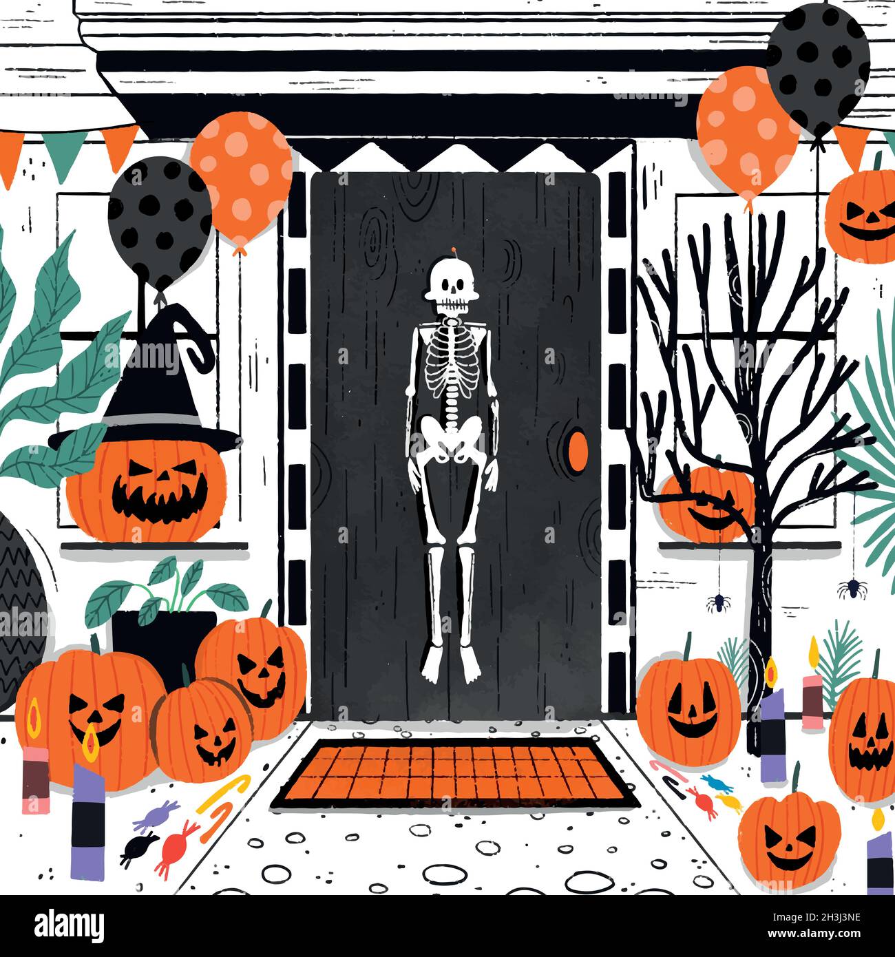 hand drawn room decorated halloween elements vector design illustration ...