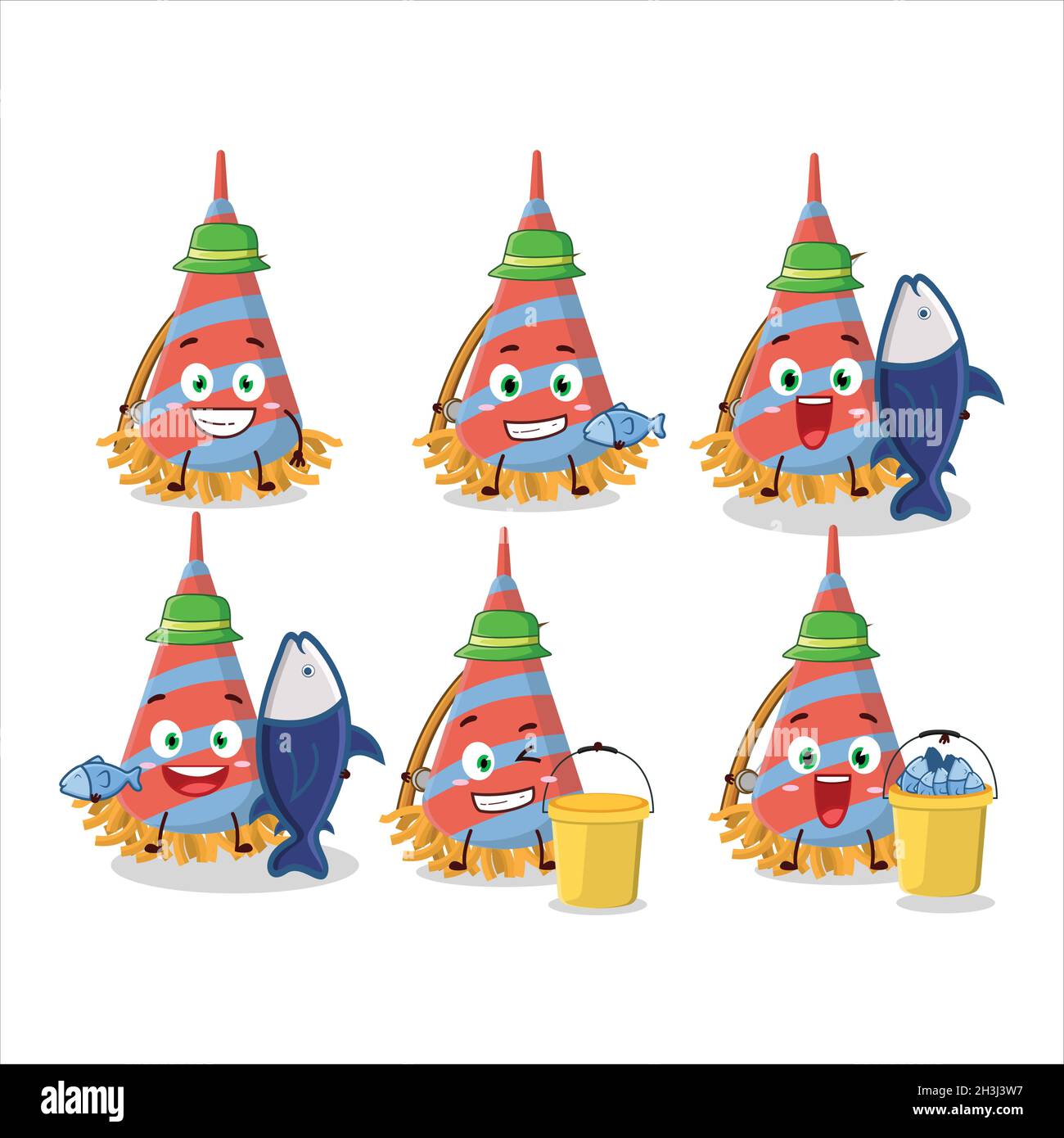 A fisherman confetti trumpet cartoon picture catch a big fish. Vector ...